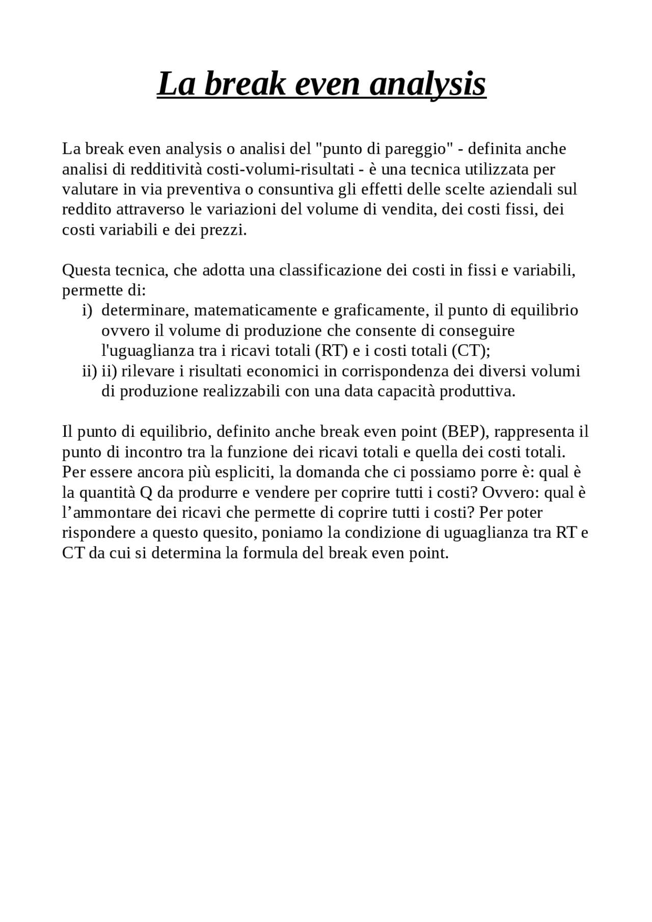 Break Even Analysis Docsity
