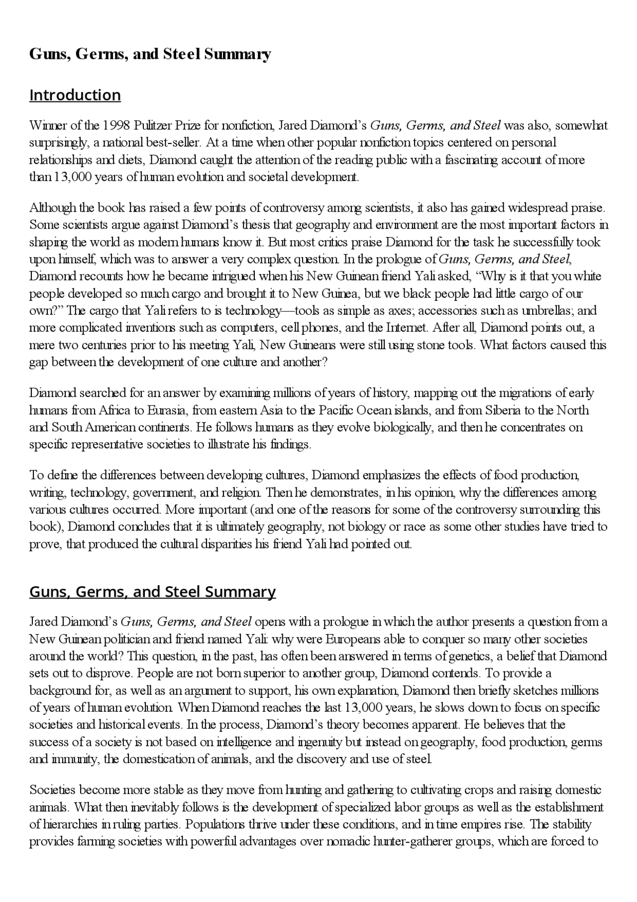 Guns, germs, and steel summary enotes - Docsity