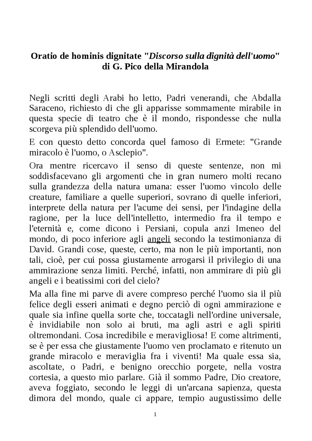 Pico Della Mirandola Orazione Docsity