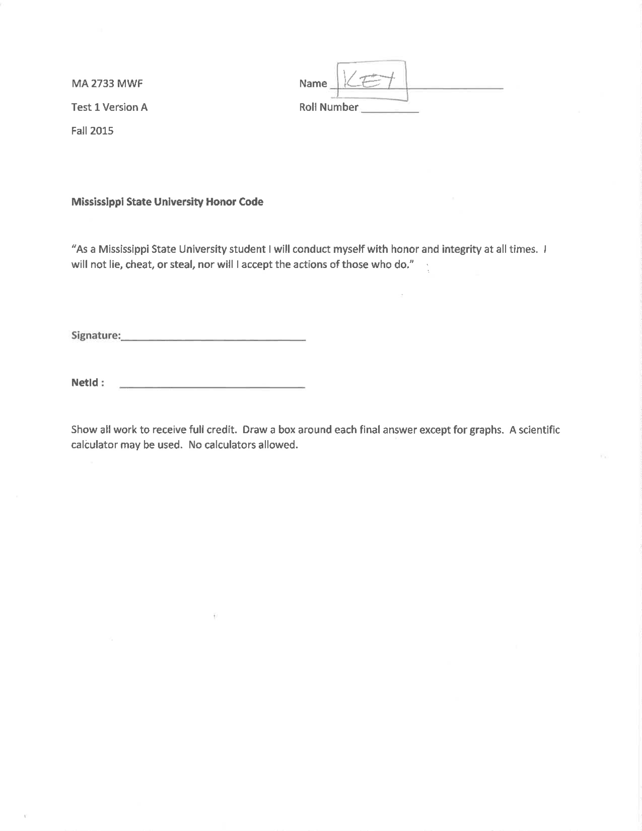 Test 1 With Solution Key Calculus Iii Ma 2733 Docsity