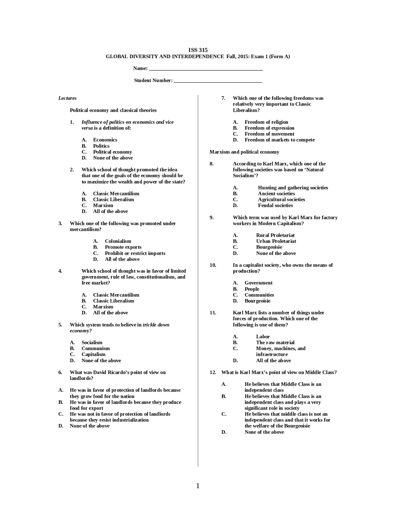 Global Diversity And Interdependence Exam One Mcqs Iss 315 Docsity