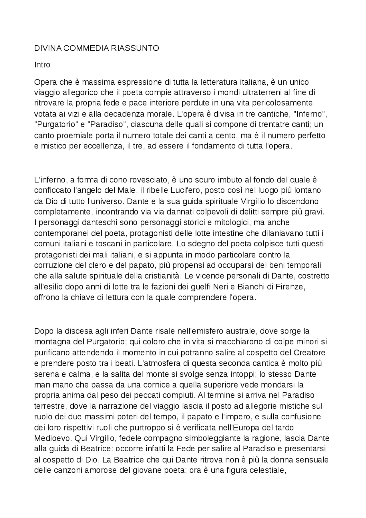 Divina Commedia Riassunto Docsity
