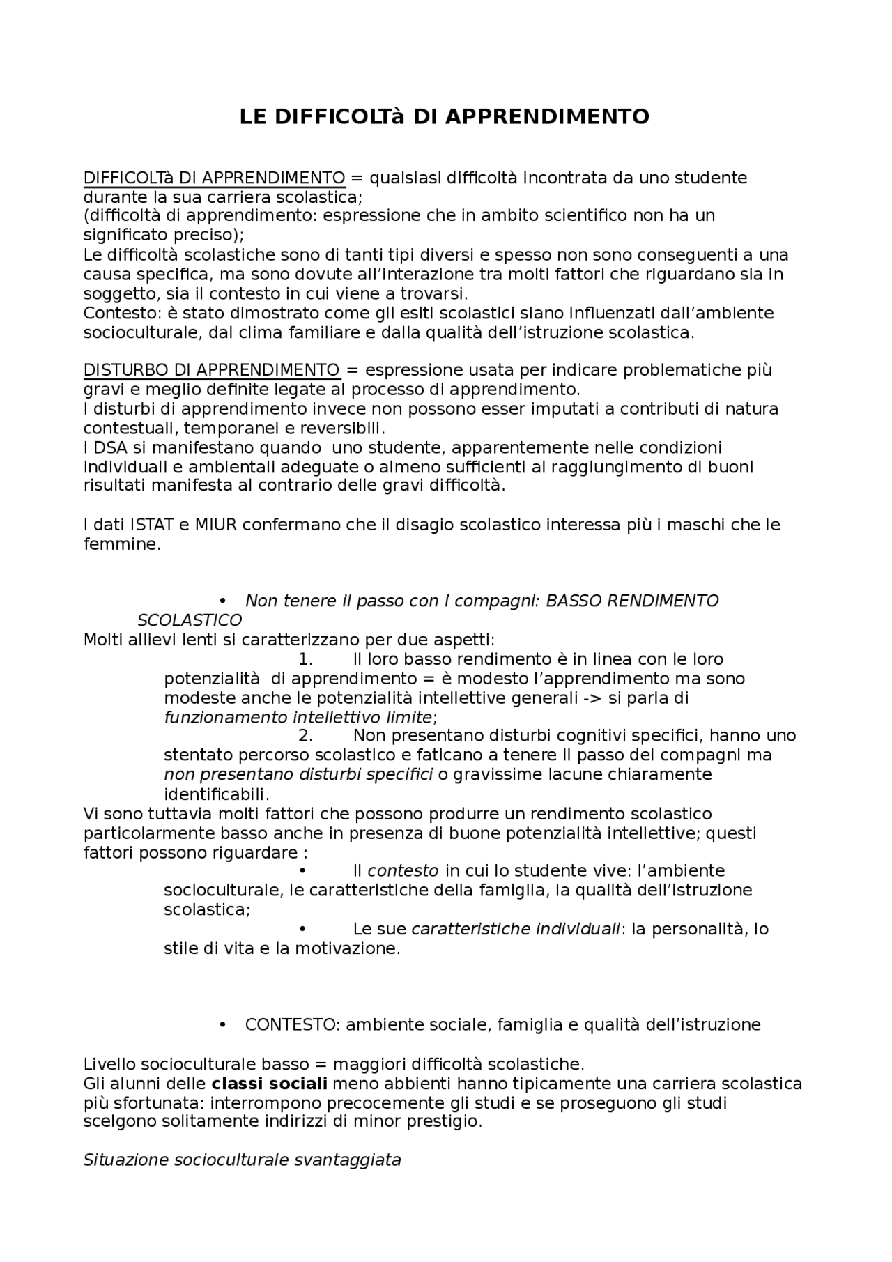 Riassunto Le Difficoltà Di Apprendimento A Scuola Docsity