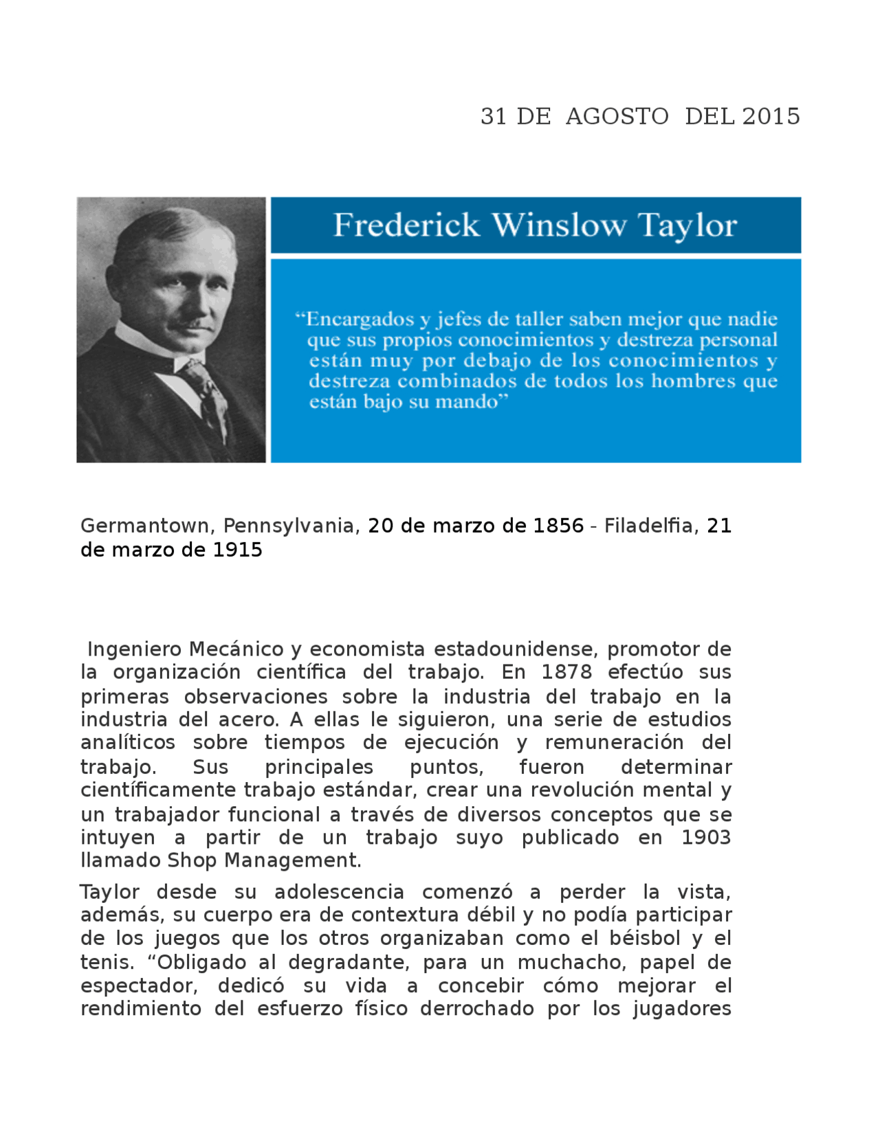 Frederick winslow taylor - Docsity