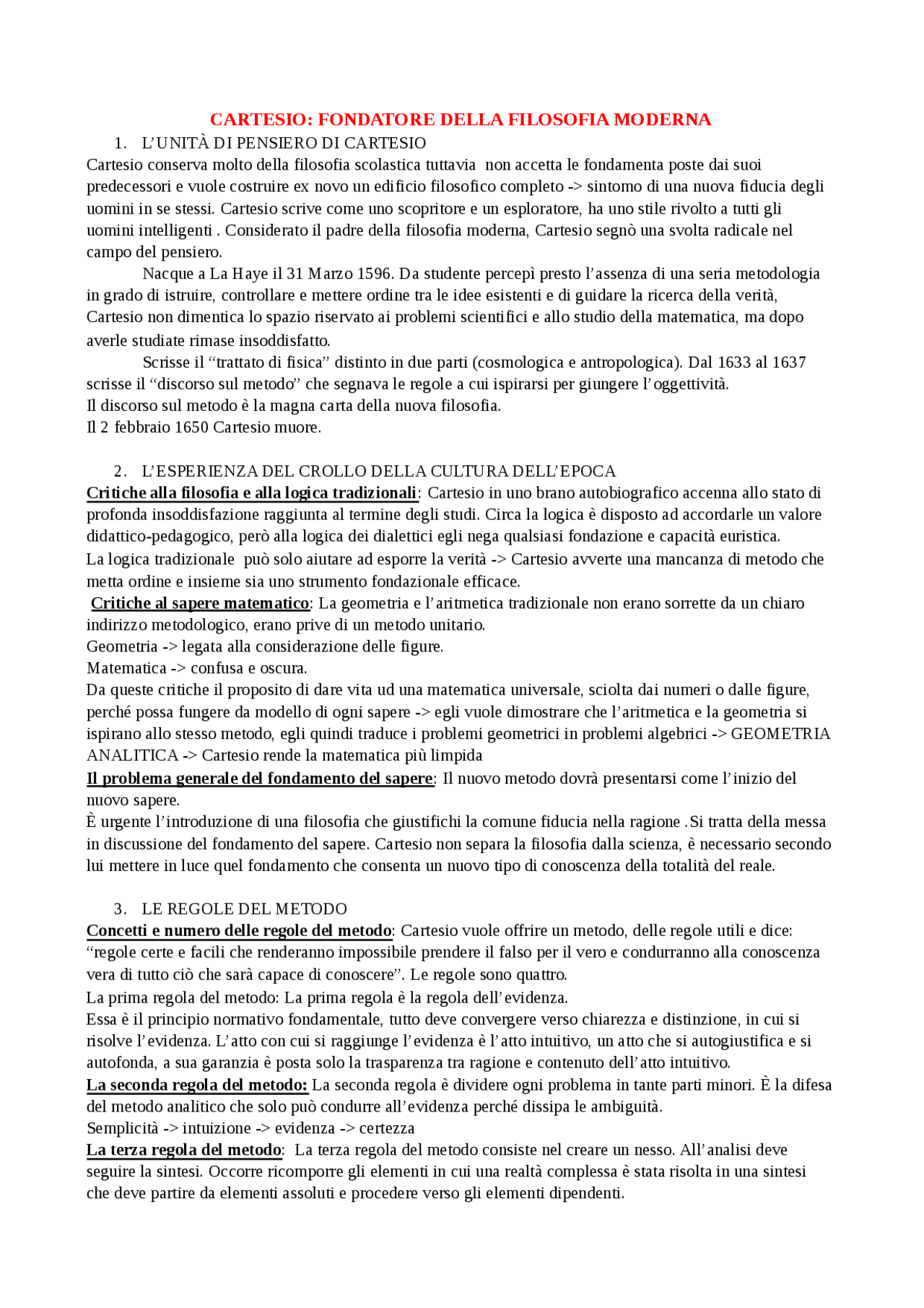 Riassunto Cartesio Appunti Di Filosofia Docsity
