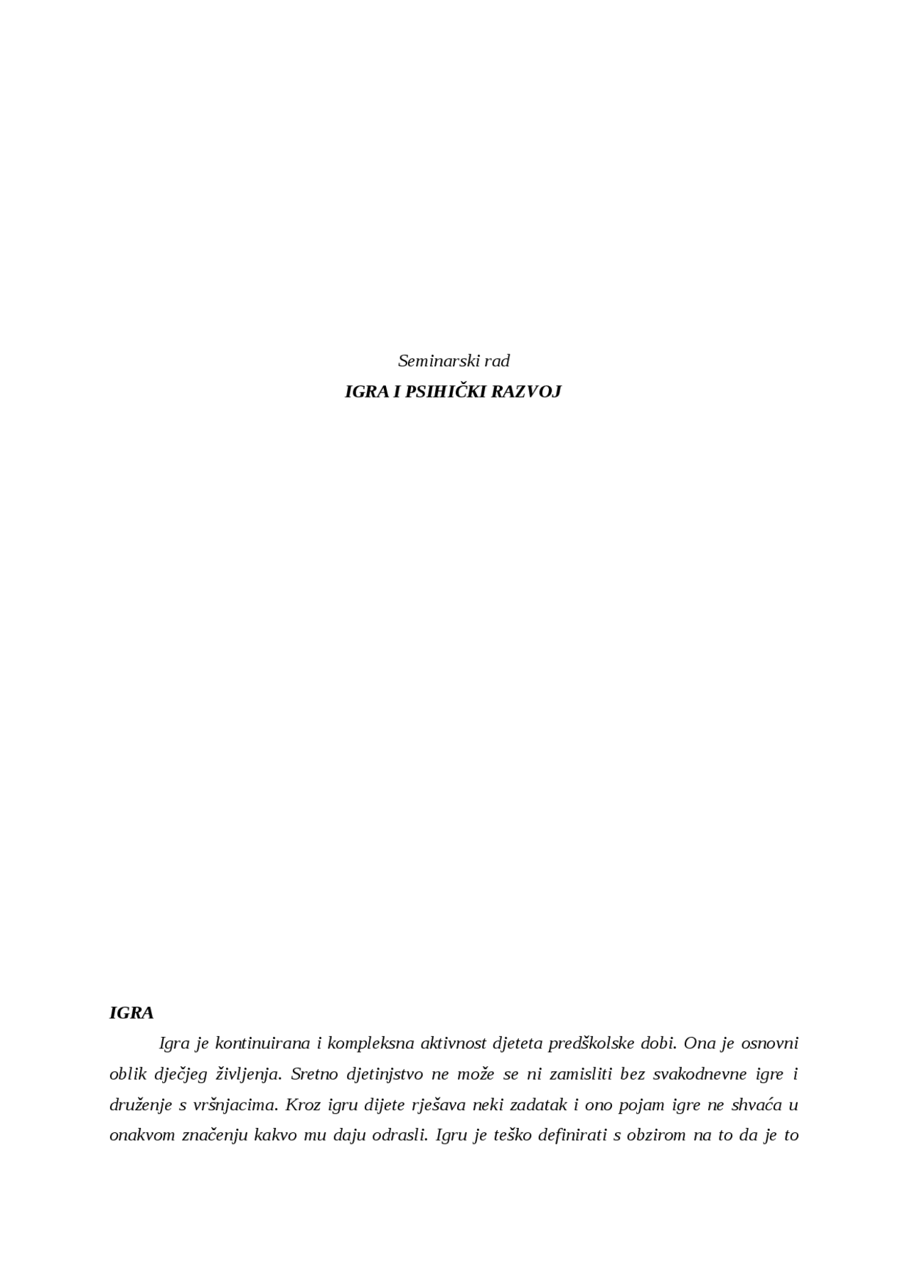 Igra I Psihicki Razvoj Esej Predlog Razvojna Psihologija Docsity