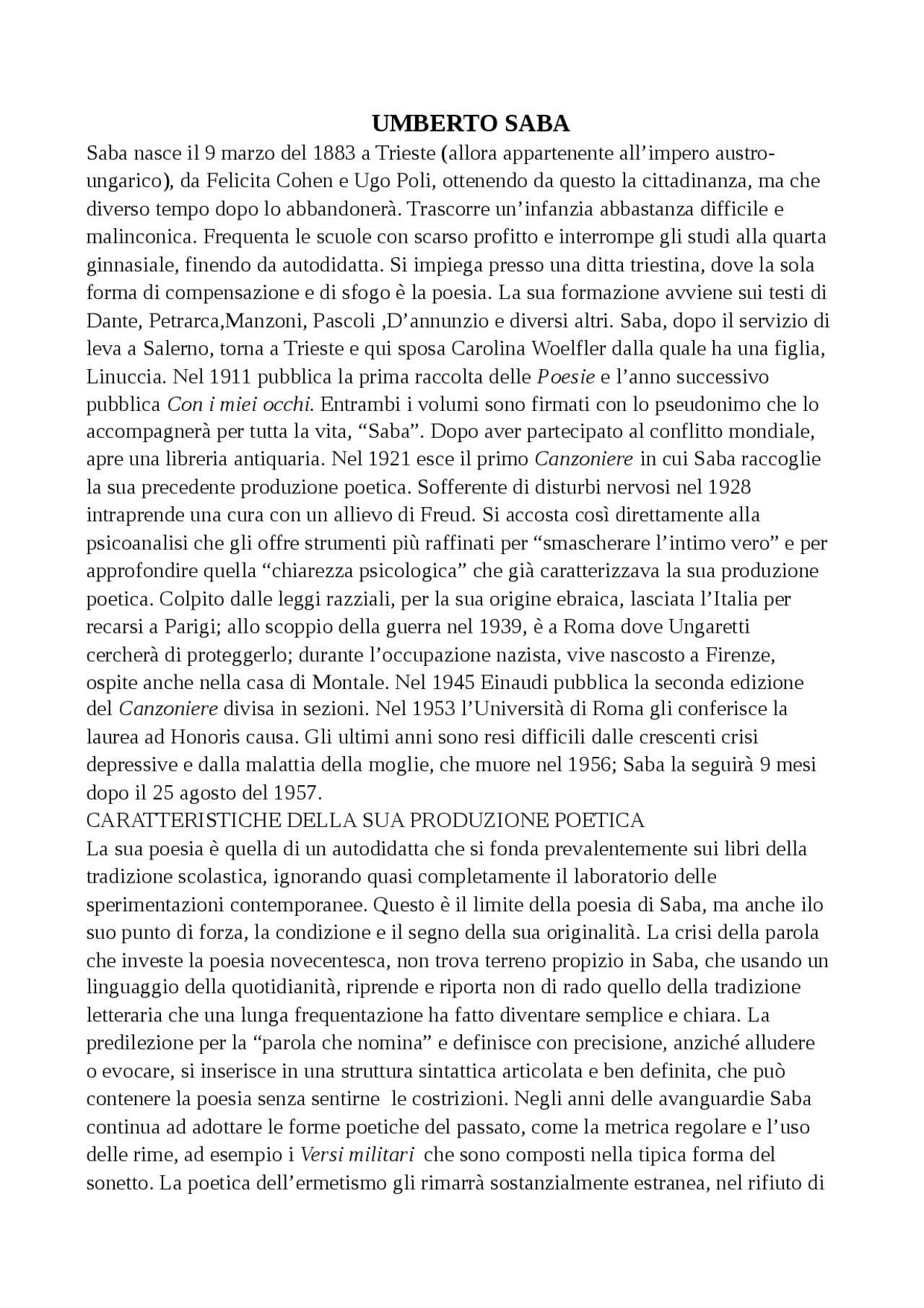 Riassunto Umberto Saba Docsity