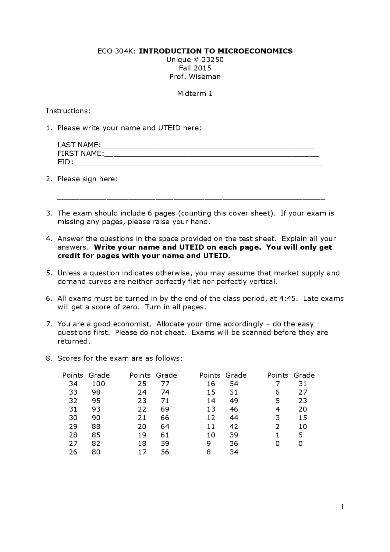 Introduction To Microeconomics Midterm Exam 1 Eco 304k Docsity
