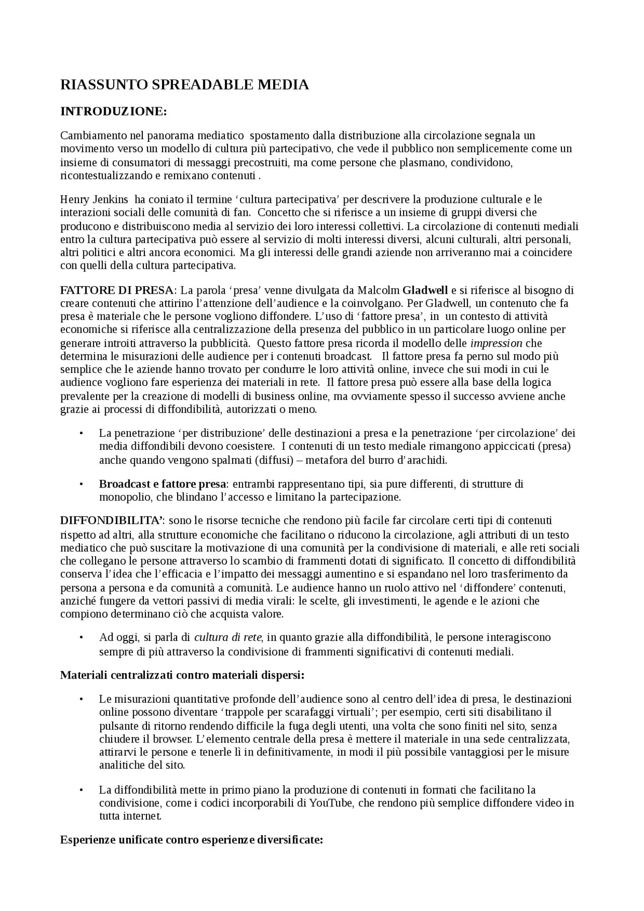 Riassunto Spreadable Media Docsity