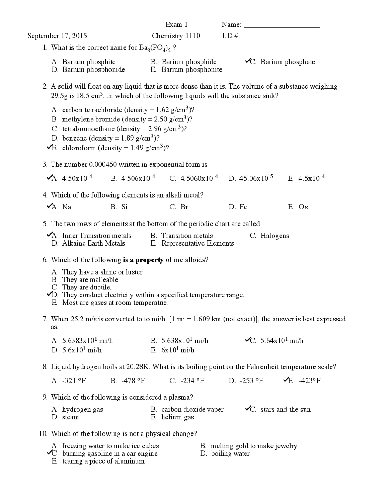 Exam 1 with Answers - General Chemistry I | CHEM 1110 | Exams Chemistry ...