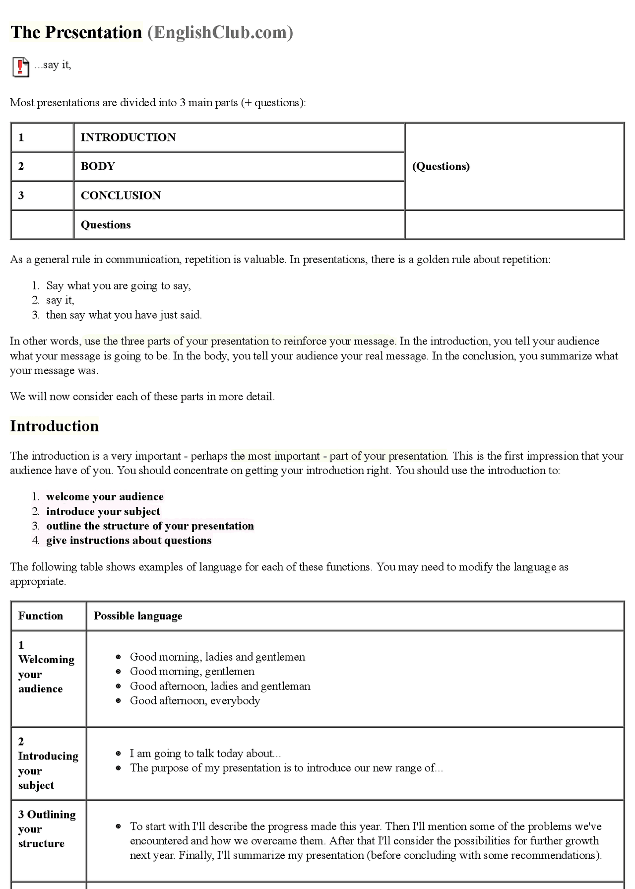 Presentations in english the presentation - Docsity