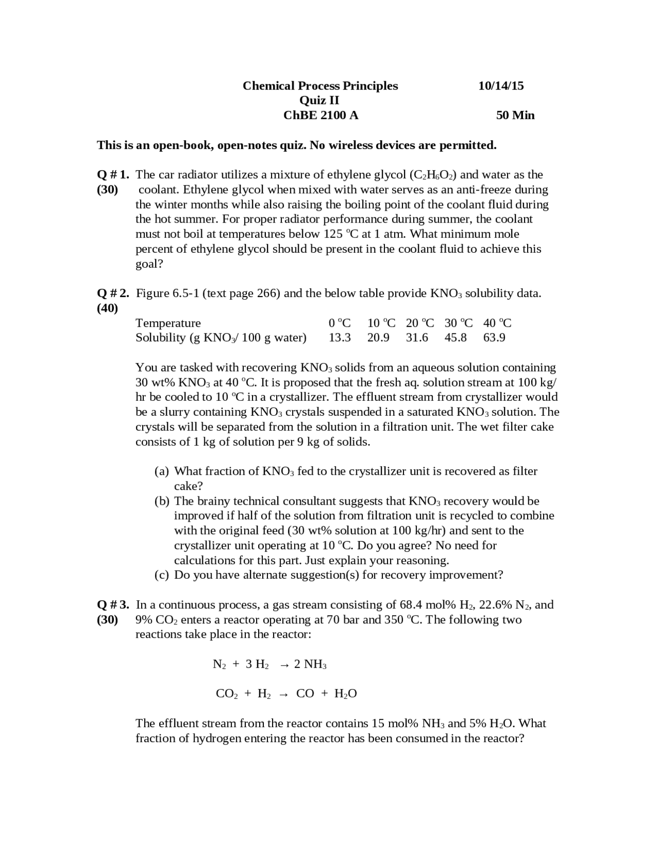 Quiz Ii For Chemical Process Principles Chbe 2100 Docsity
