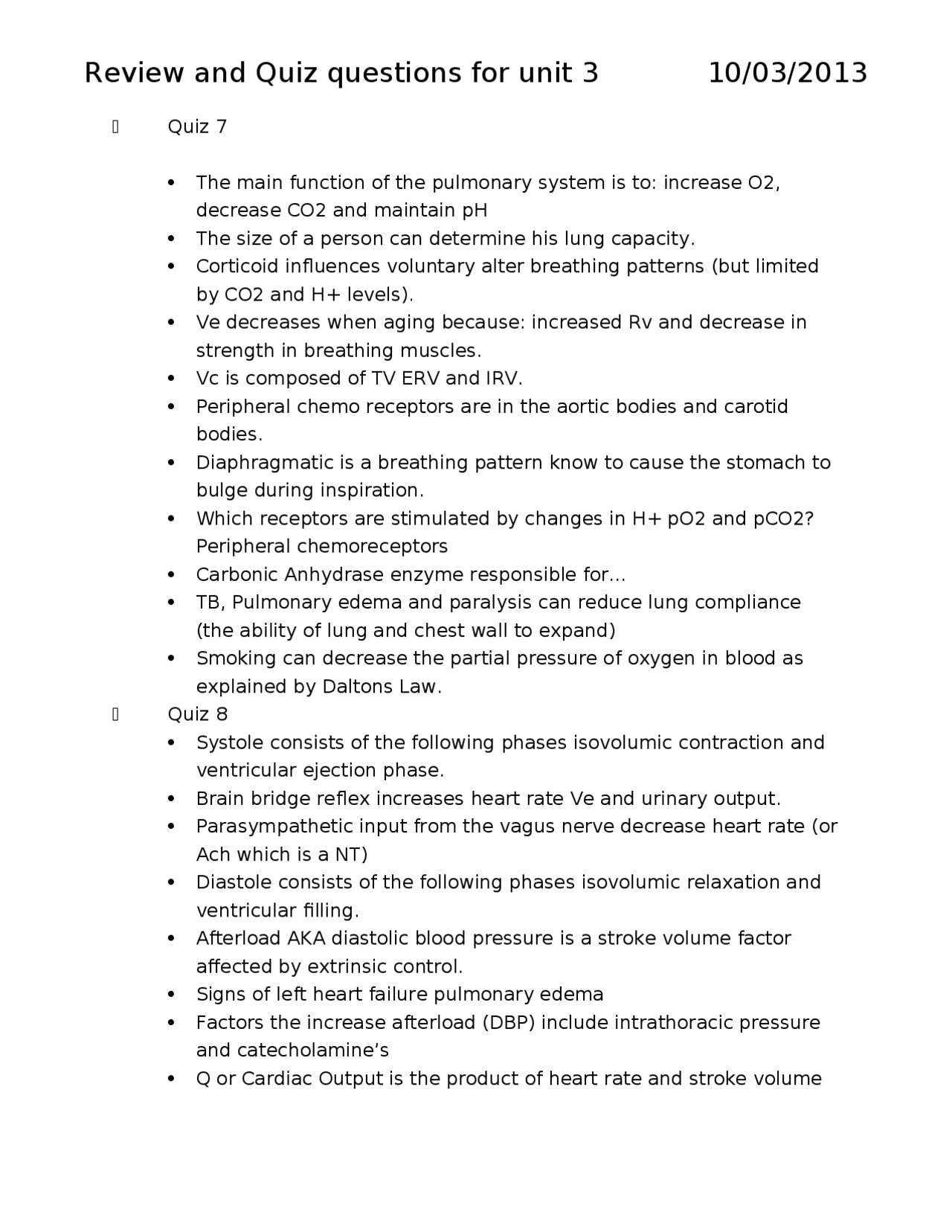 Review Sheet For Quizzes Exercise Physiology Kin 3515 Docsity