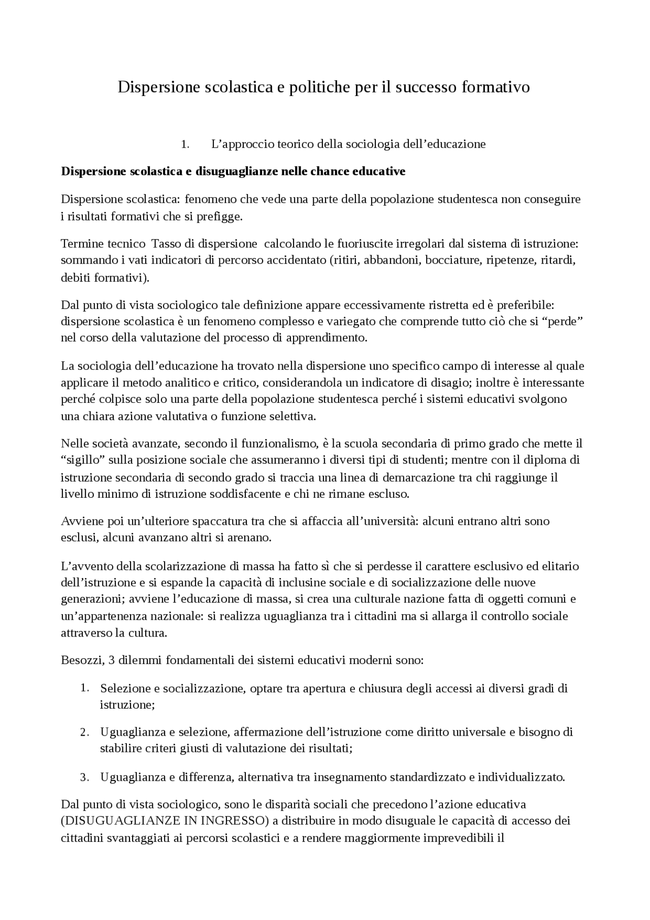Riassunti Dispersione Scolastica Docsity