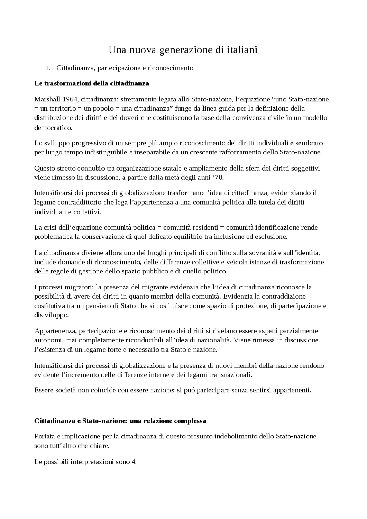 Riassunti Una Nuova Generazione Di Italiani Docsity