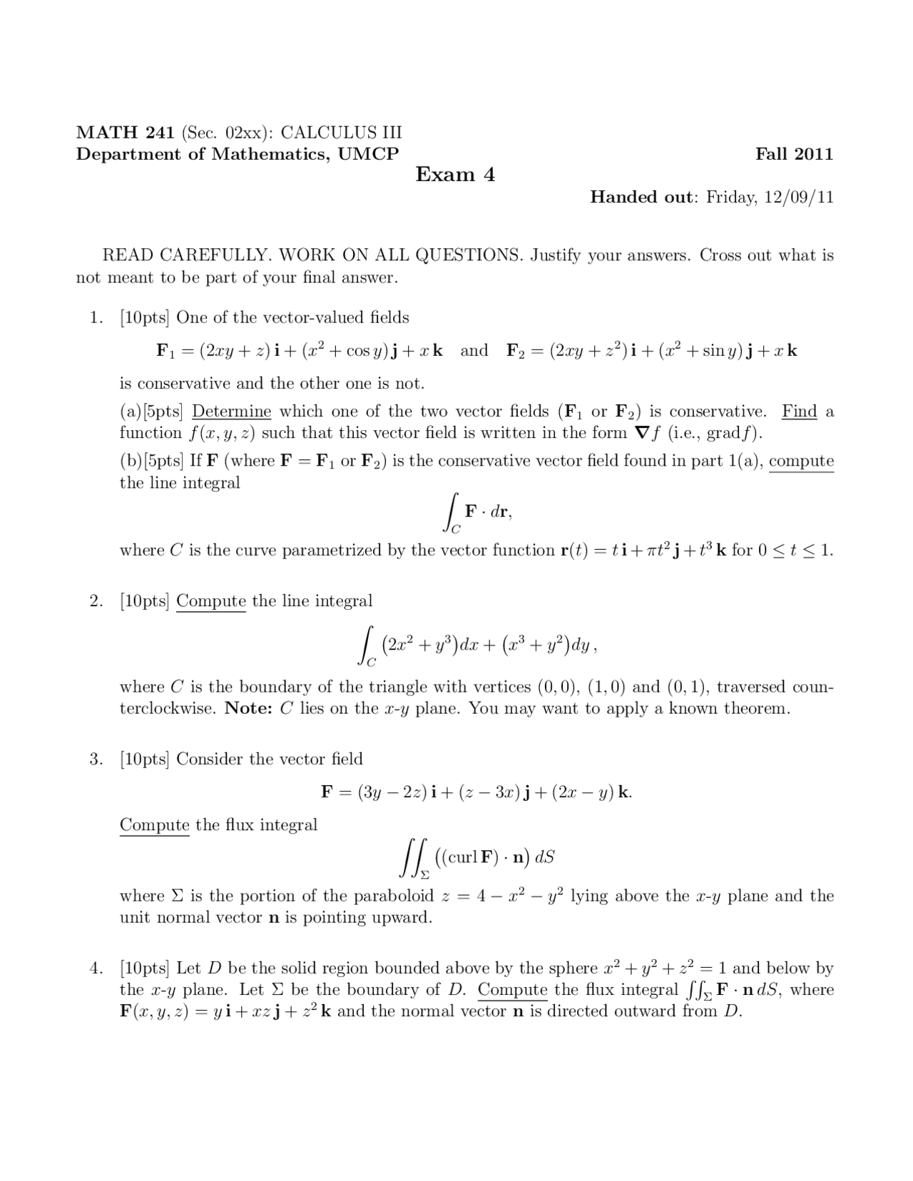 Calculus Iii Exam 4 Fall 2011 Questions To Solve Math 241 Docsity