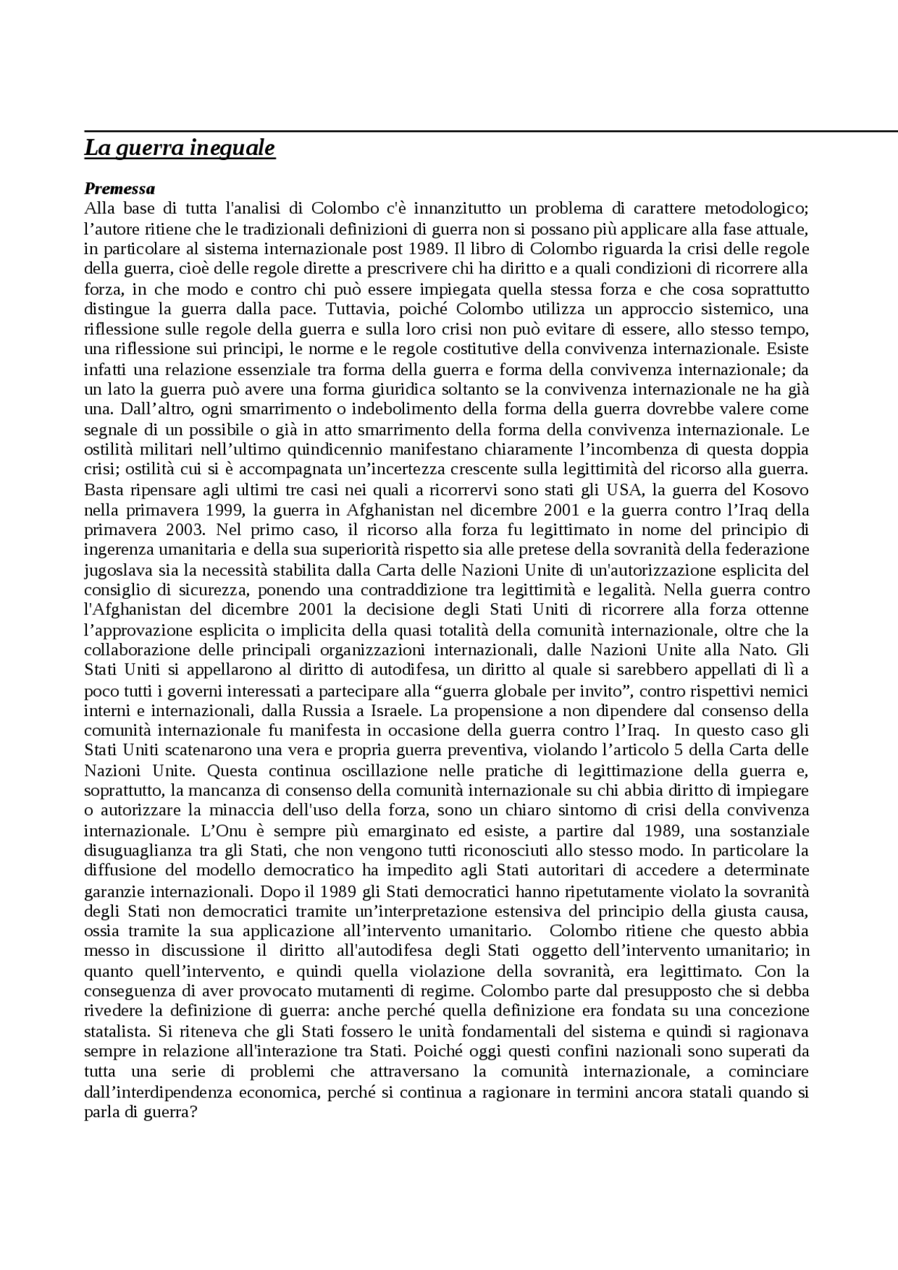 Riassunto La Guerra Ineguale Docsity