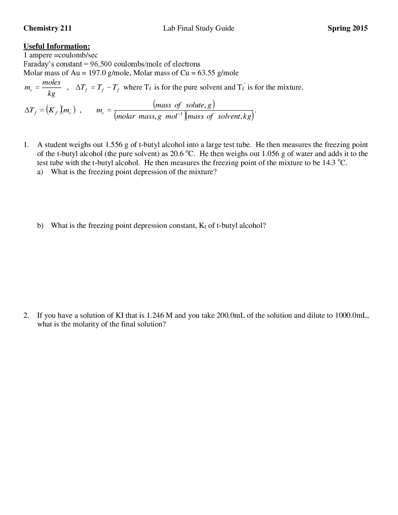 General Chemistry Lab II - Final Study Guide | CHEM 211 - Docsity