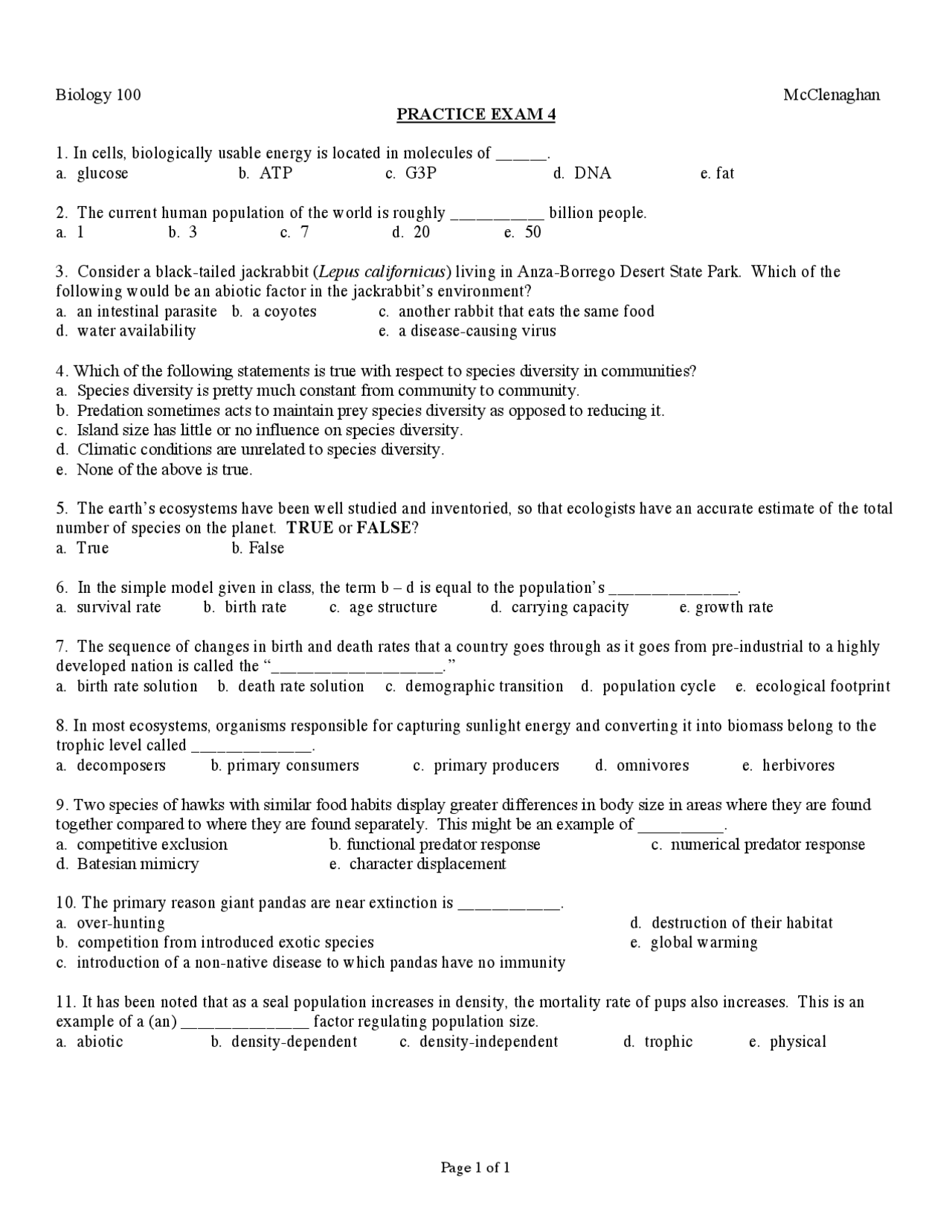 General Biology Practice Exam 4 Biol 100 Docsity