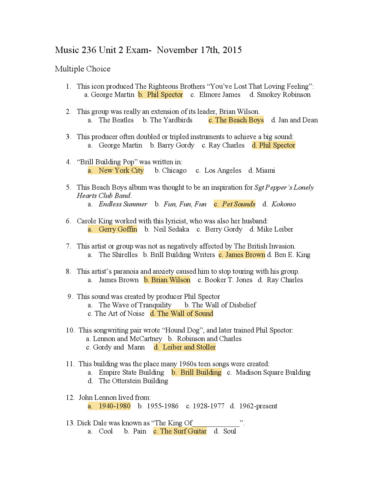 Contemporary Music Knowledge Multiple Choice Exam Musc 236 Docsity
