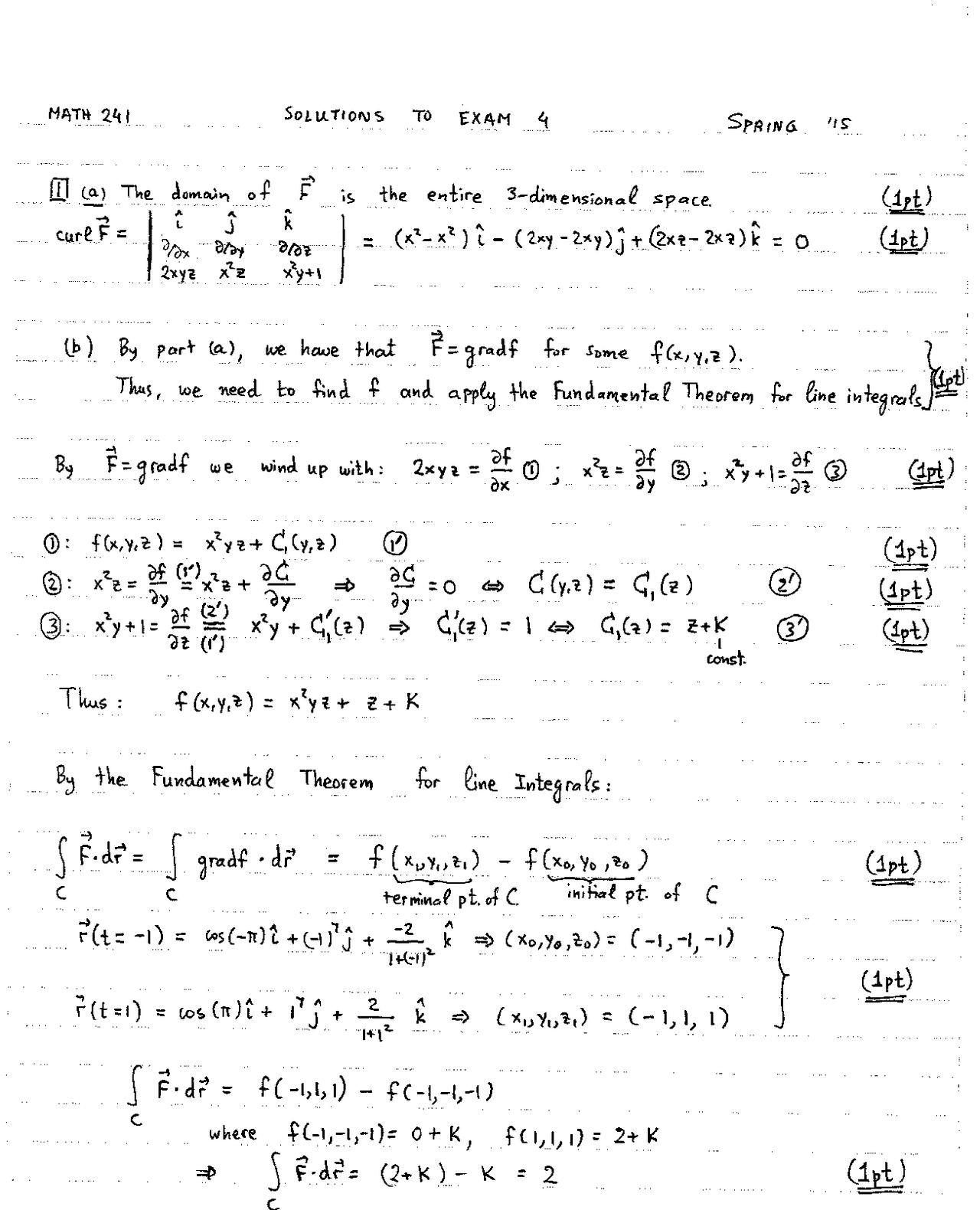 Exam # 4 with Solution - Calculus III | MATH 241 - Docsity