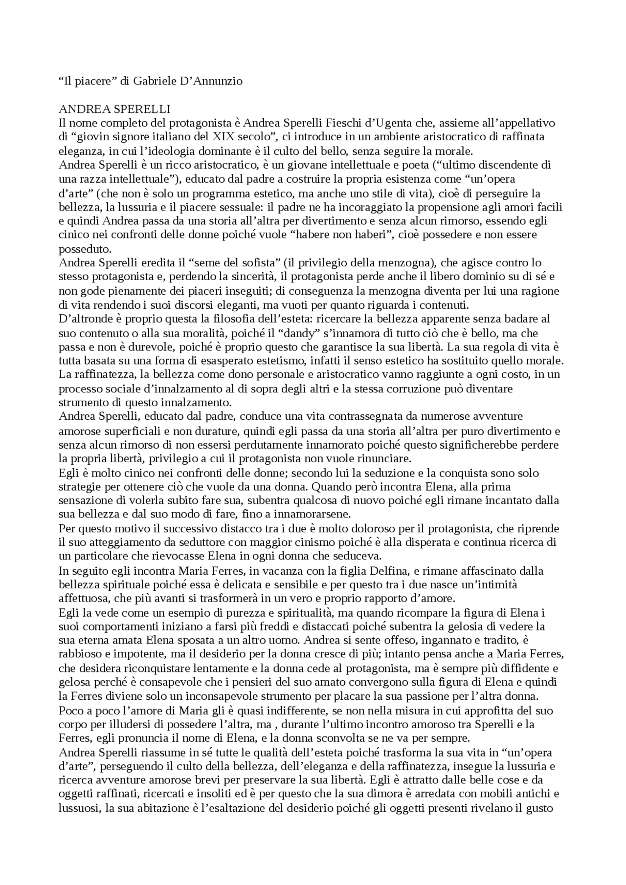 Riassunto - Il piacere - descrizione d i personaggi | Sintesi del corso ...