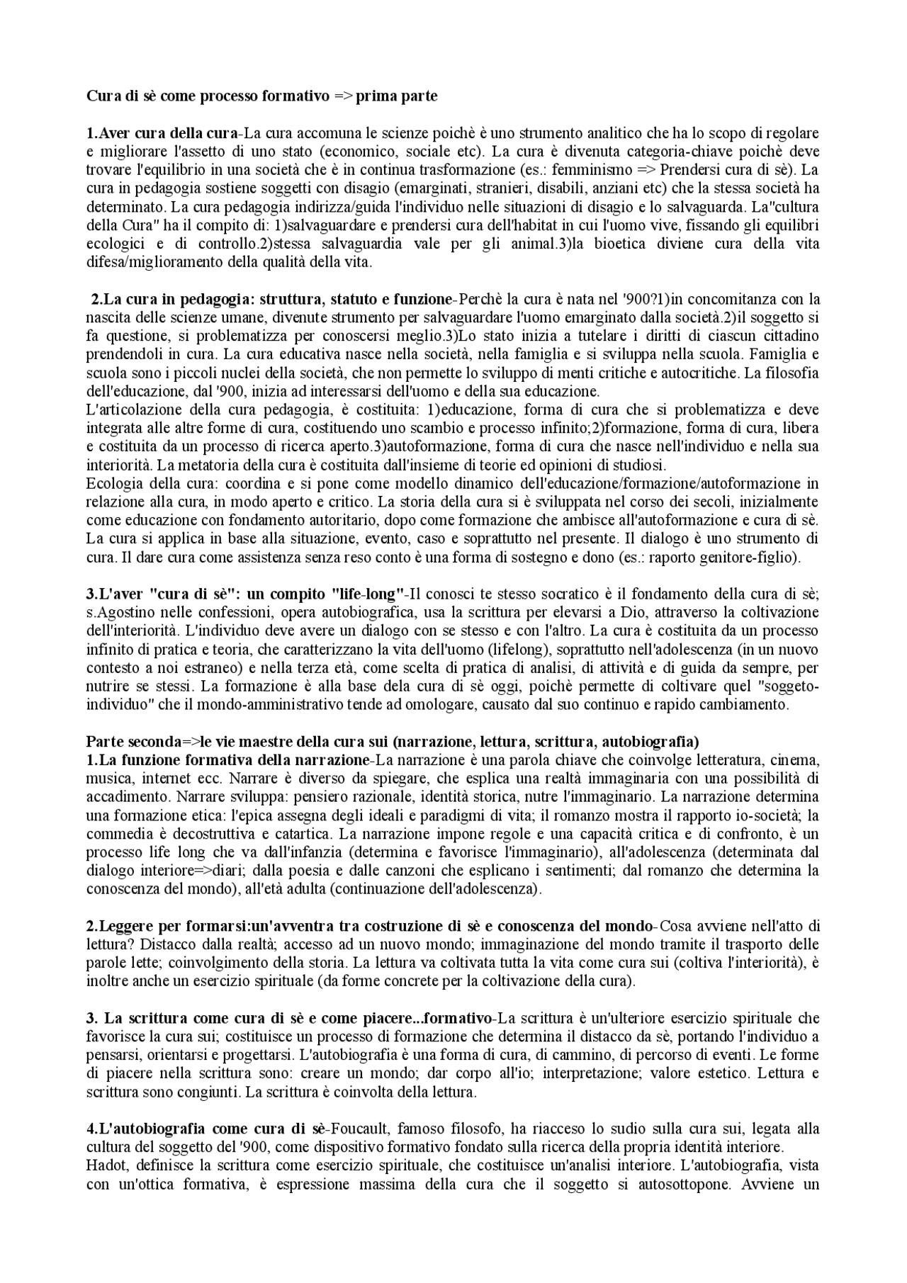 Riassunto Cura Di Sè Come Processo Formativo Docsity