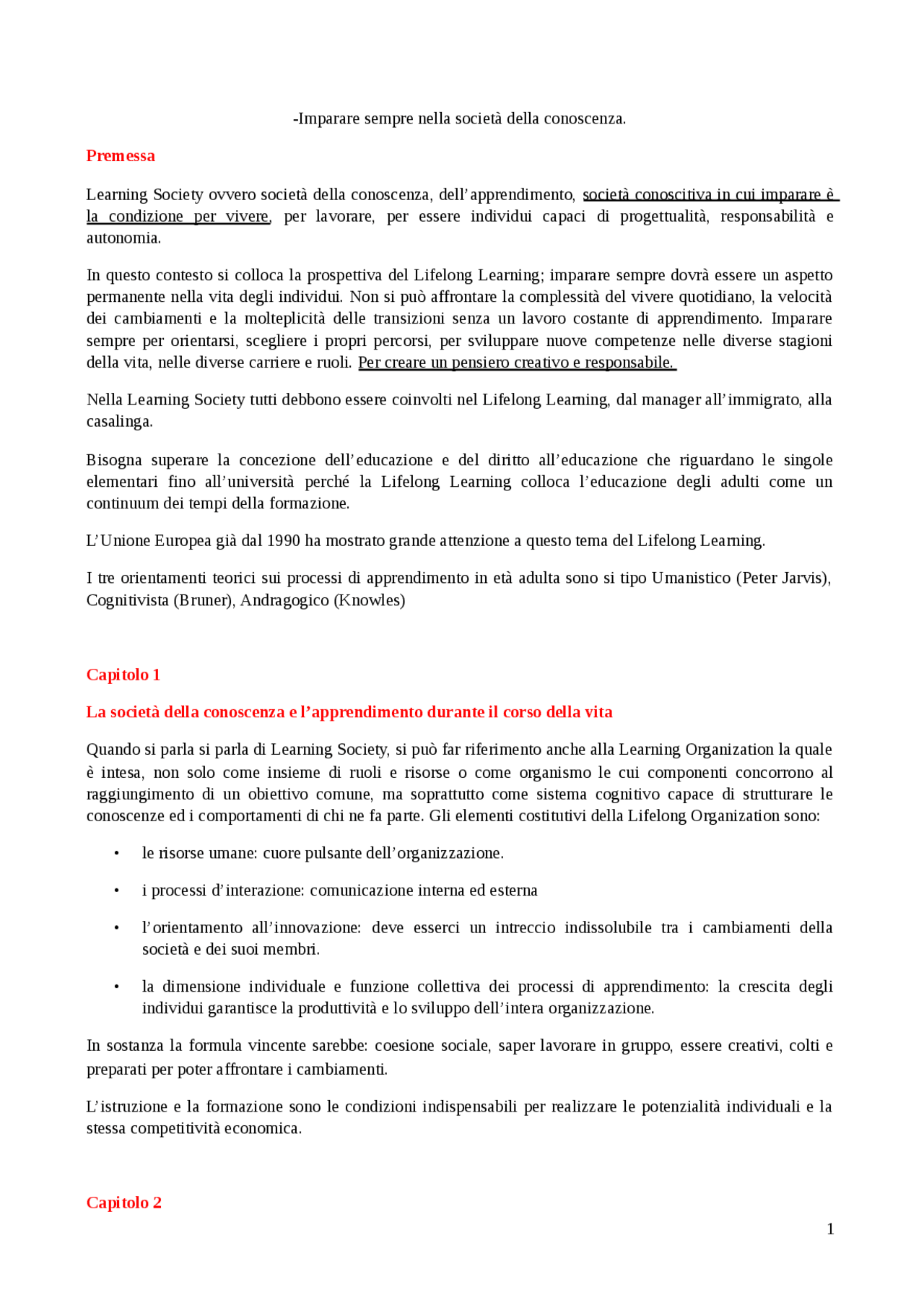 Riassunto Imparare Sempre Nella Societá Della Conoscenza Docsity
