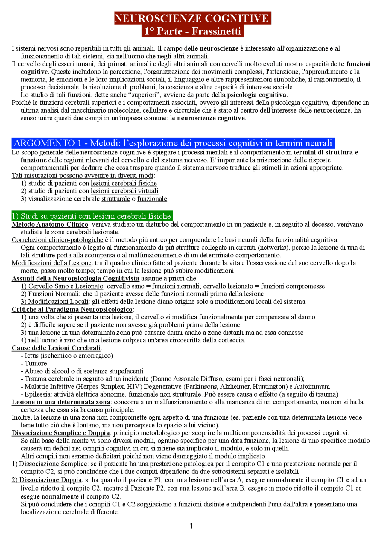 Neuroscienze Cognitive E Sociali Docsity