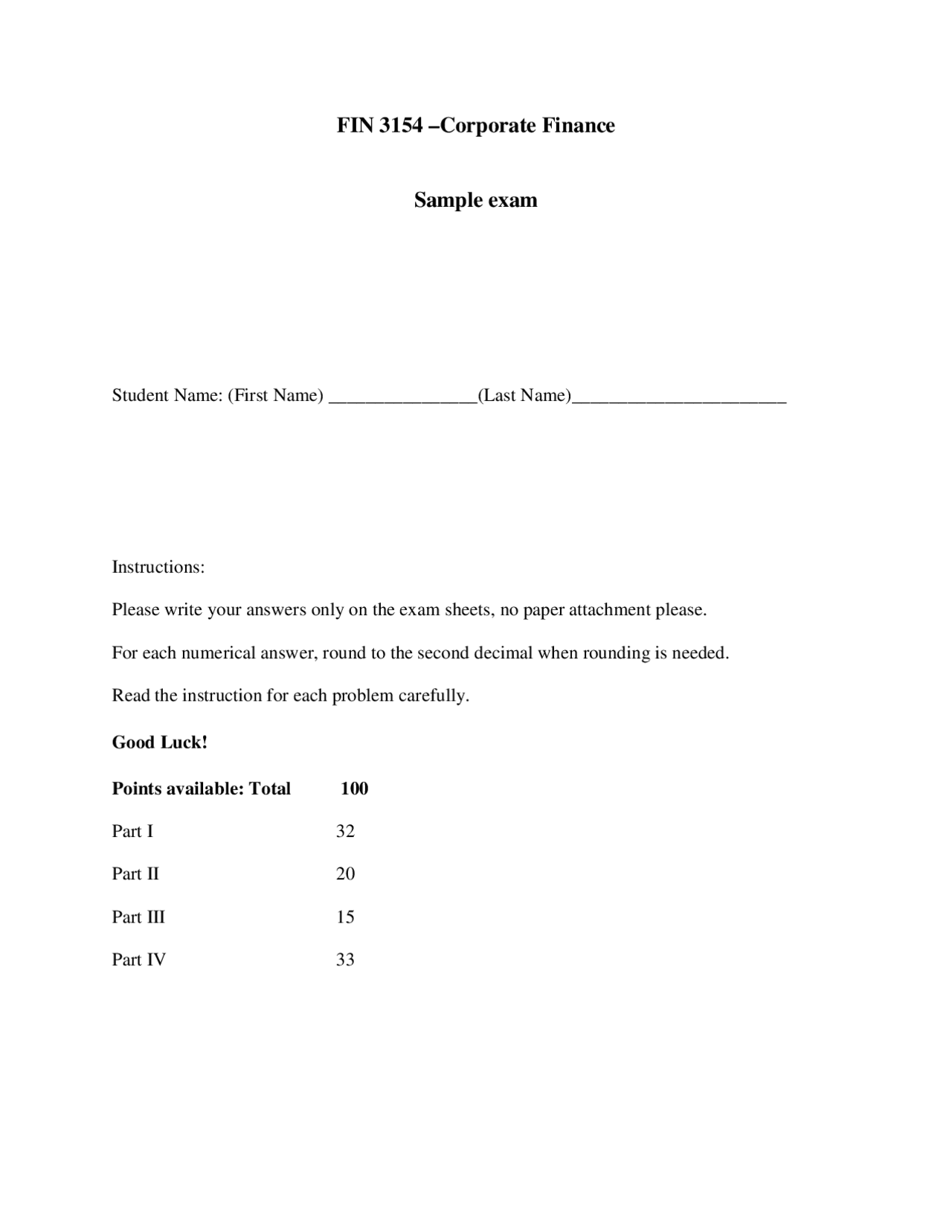 Corporate Finance - Sample Exam Paper | FIN 3154 - Docsity