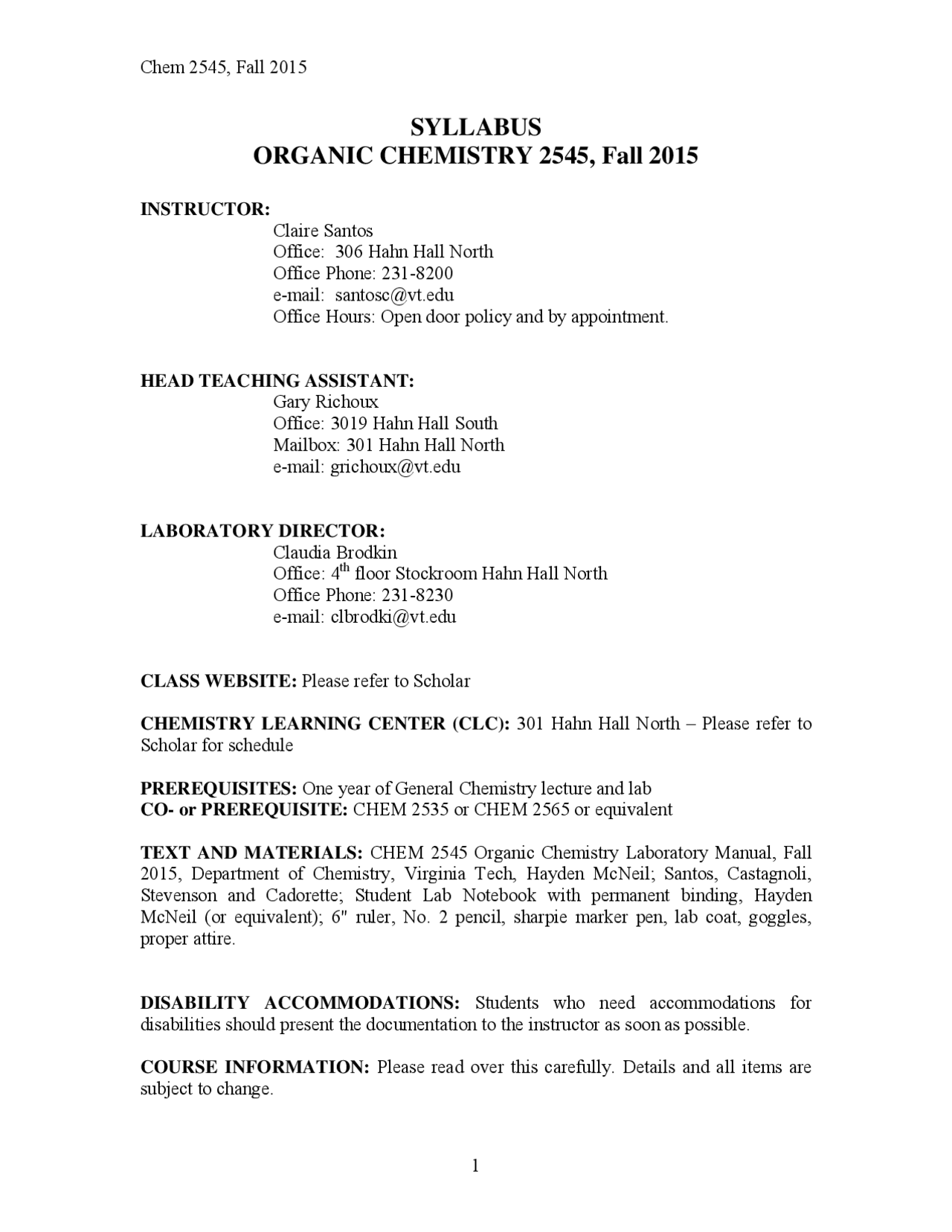 Organic Chemistry Laboratory - Syllabus | CHEM 2545 - Docsity
