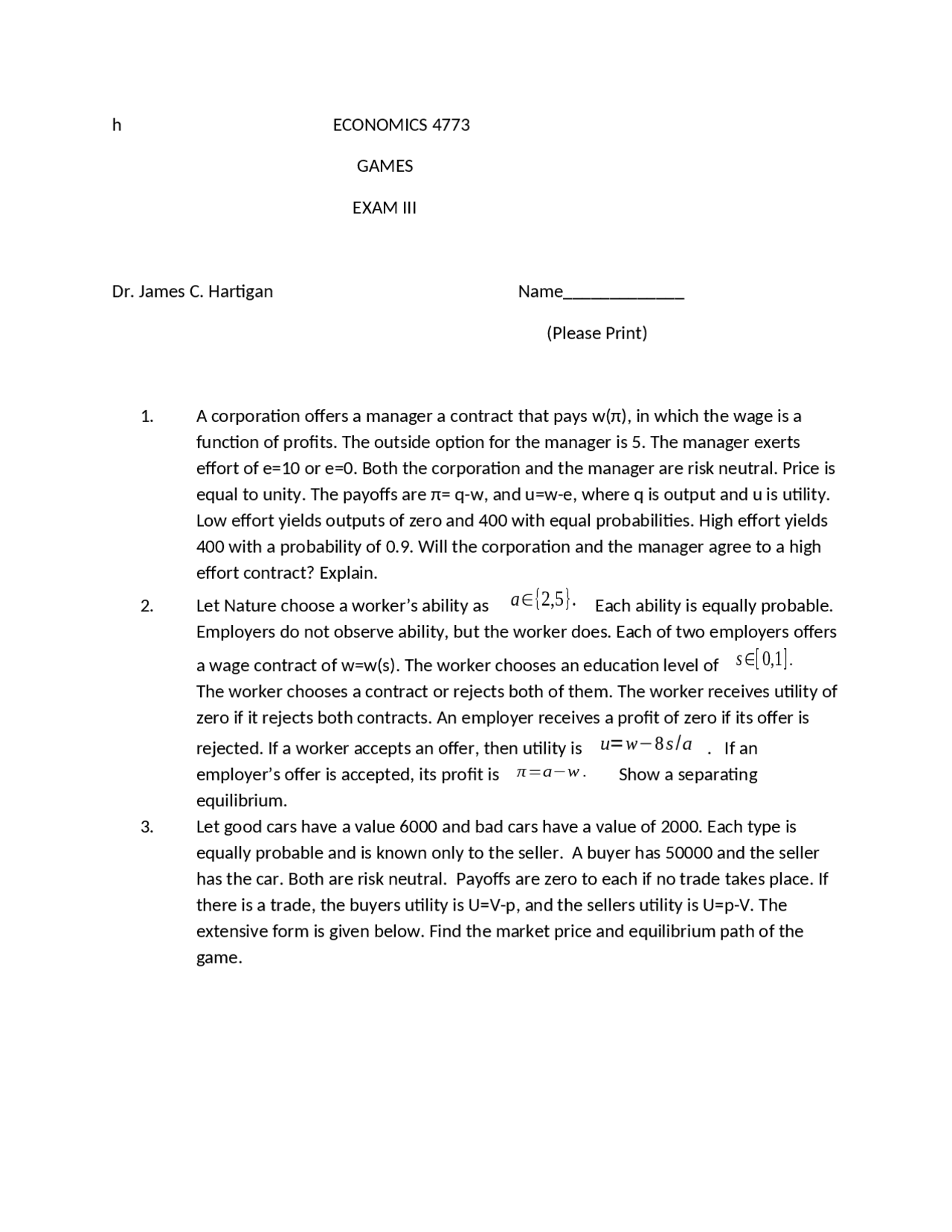 Exam 3 Questions Economic Game Theory Econ 4773 Docsity