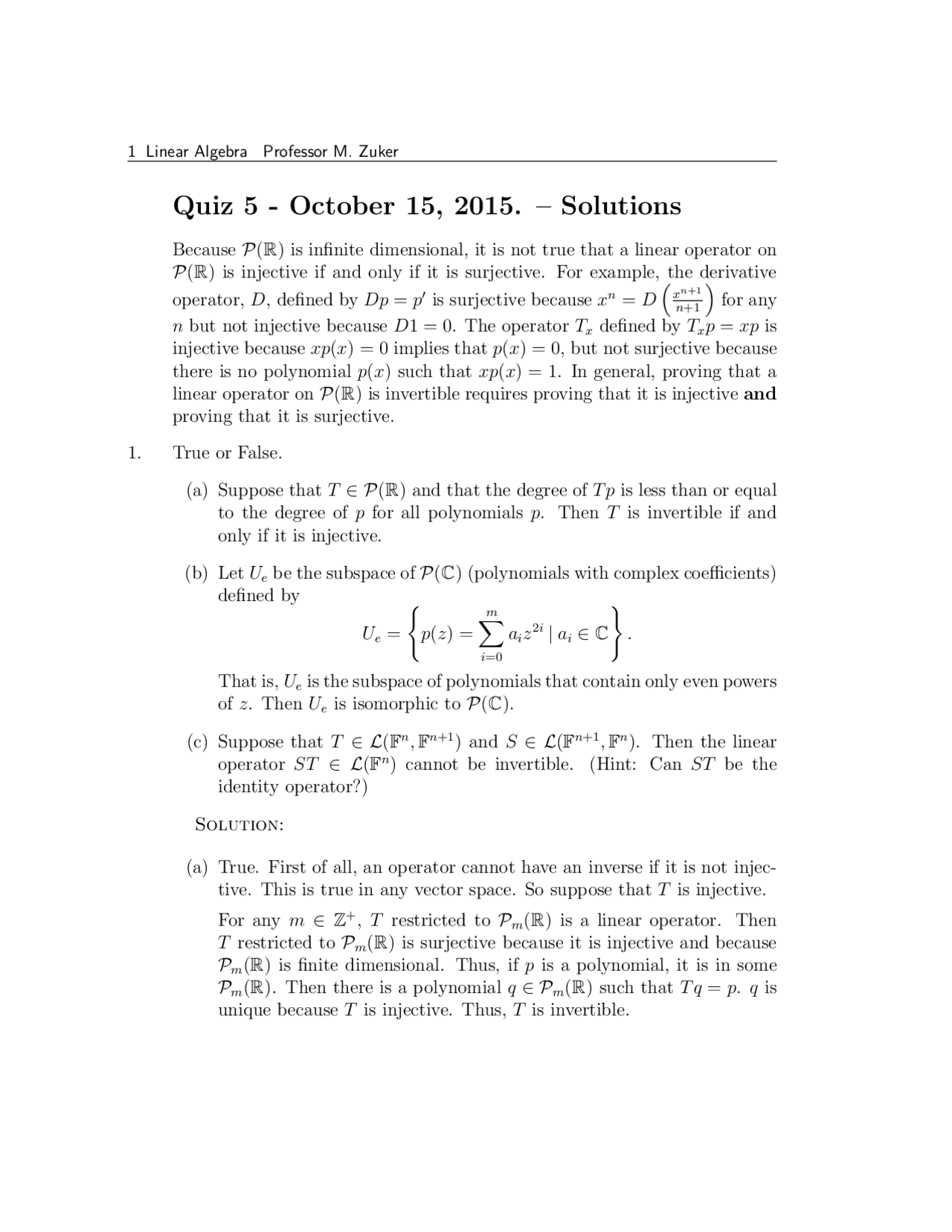 Quiz 5 with Solution for Linear Algebra | MATH 4100 - Docsity