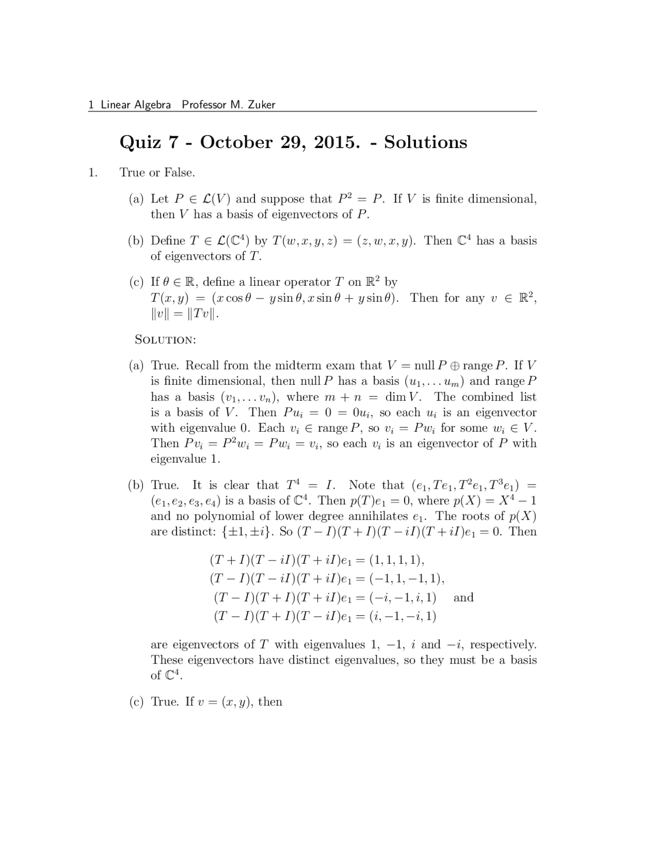 Quiz 7 Solutions For Linear Algebra Math 4100 Docsity