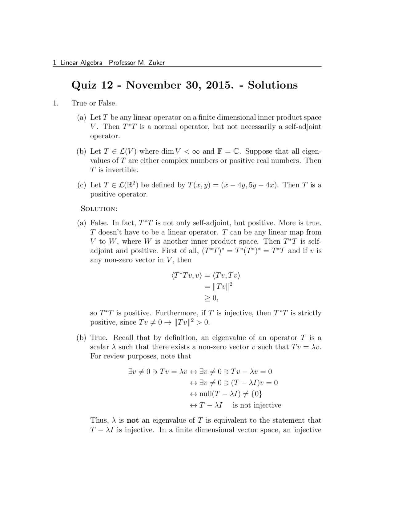 Quiz 12 With Solution For Linear Algebra Math 4100 Docsity