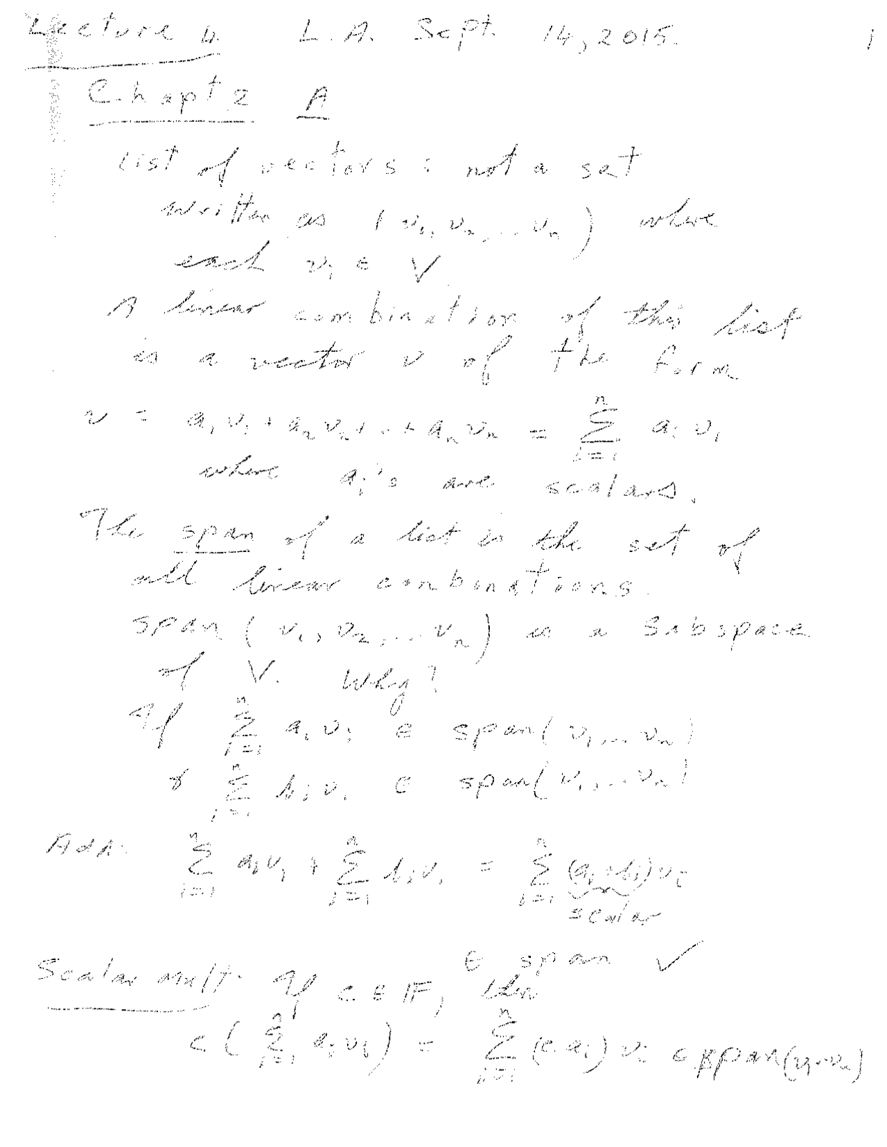 Handwritten Notes on Vectors - Linear Algebra | MATH 4100 - Docsity