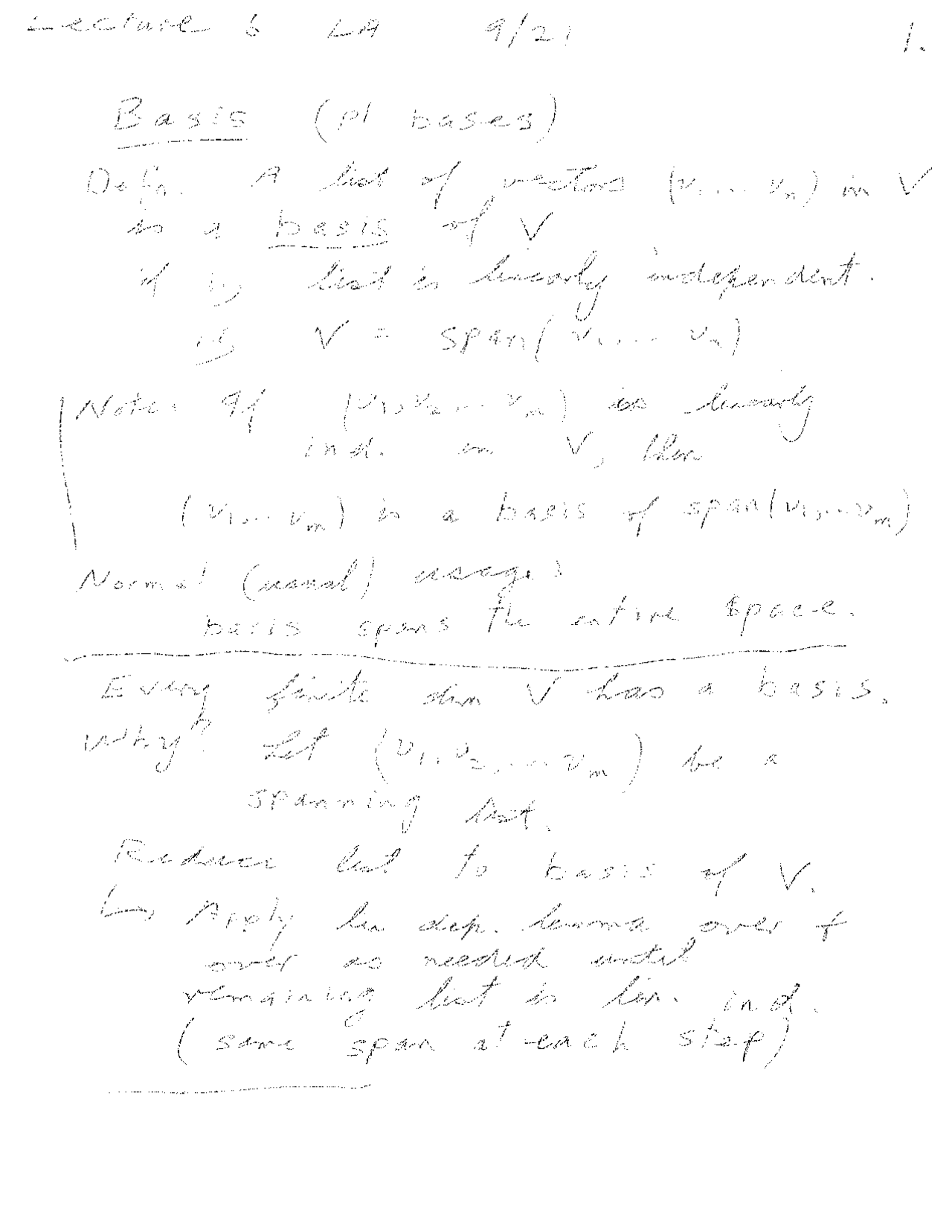 Handwritten Notes for Basis | Linear Algebra | MATH 4100 - Docsity