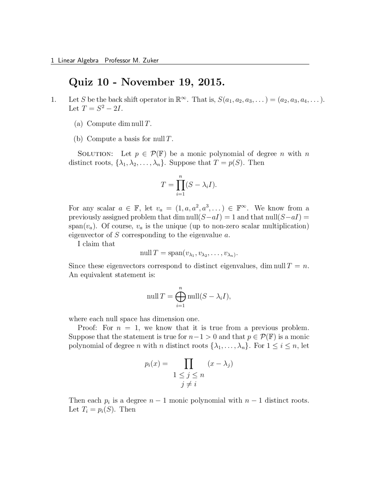 Solved Questions For Quiz 10 Linear Algebra Math 4100 Docsity
