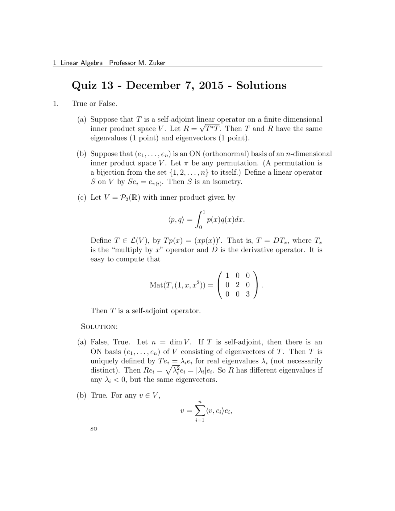 Linear Algebra Quiz 13 Solutions Math 4100 Docsity