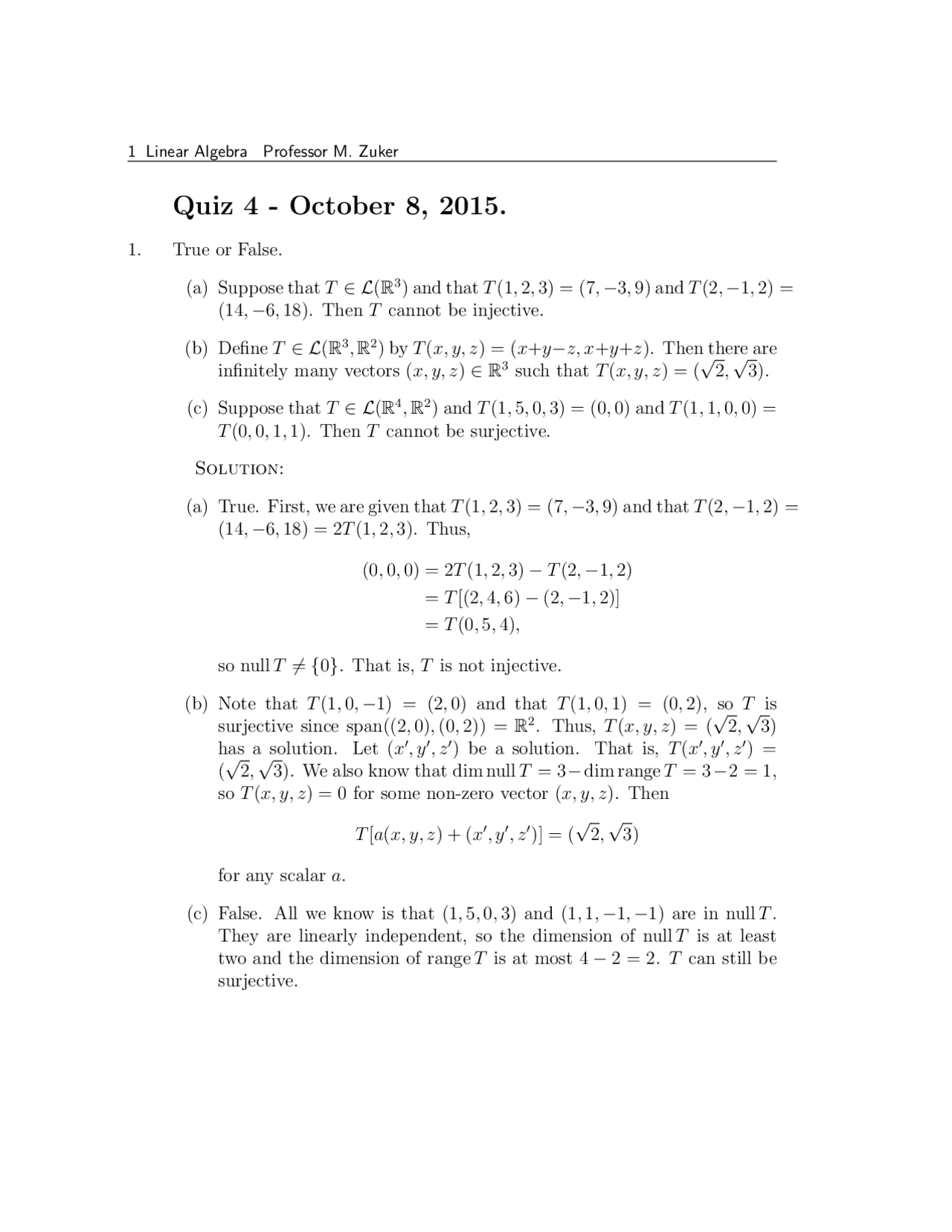 Solved Quiz 4 For Linear Algebra Math 4100 Docsity