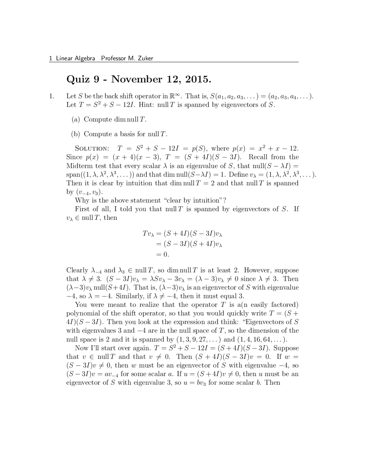Linear Algebra - Quiz 9 with Solution | MATH 4100 - Docsity