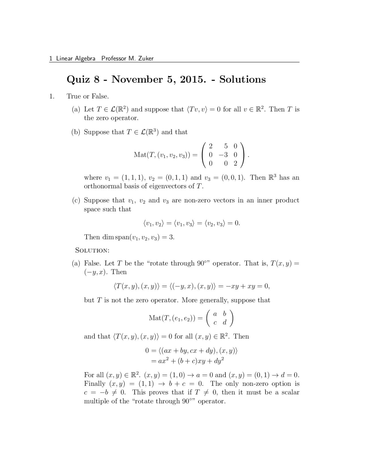Linear Algebra Quiz 8 With Solution Math 4100 Docsity