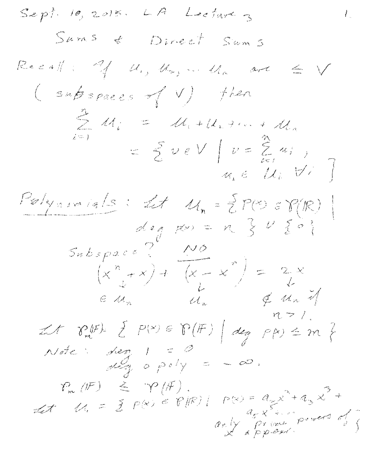 Handwritten Notes on Sums and Direct Sums | MATH 4100 - Docsity