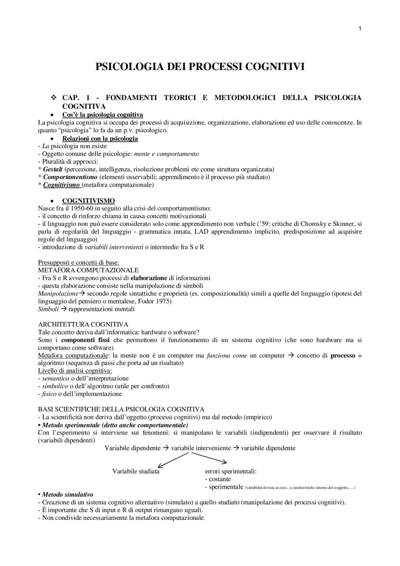 Psicologia dei processi cognitivi - Docsity