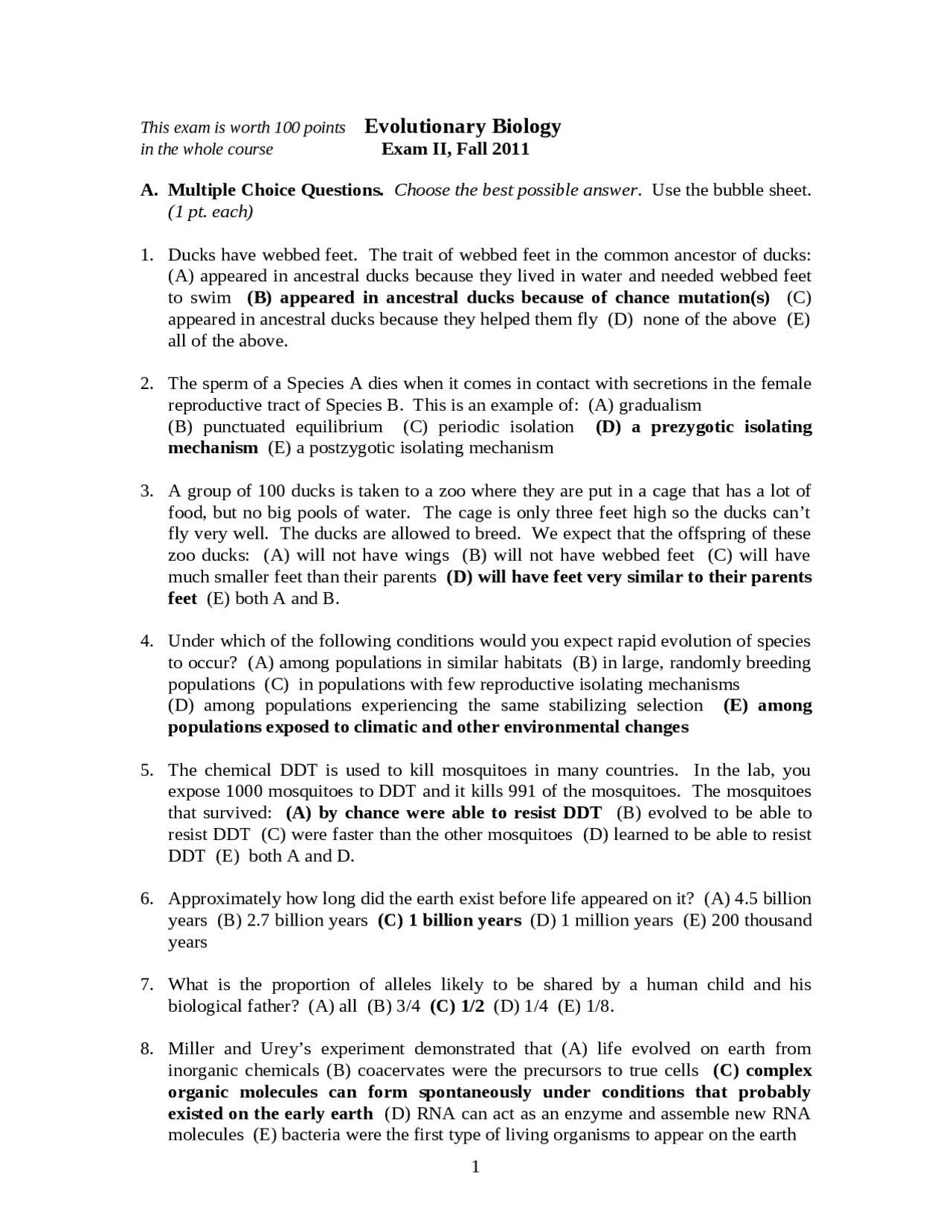 50 questions on Evolutionary Biology with answers | BSCI 106 - Docsity