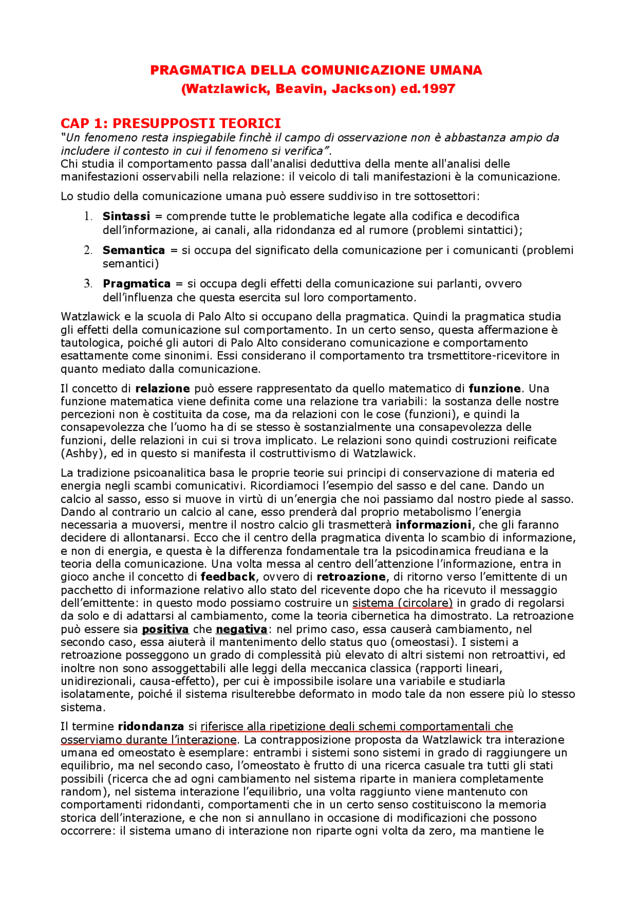 Riassunto Pragmatica Della Comunicazione Docsity