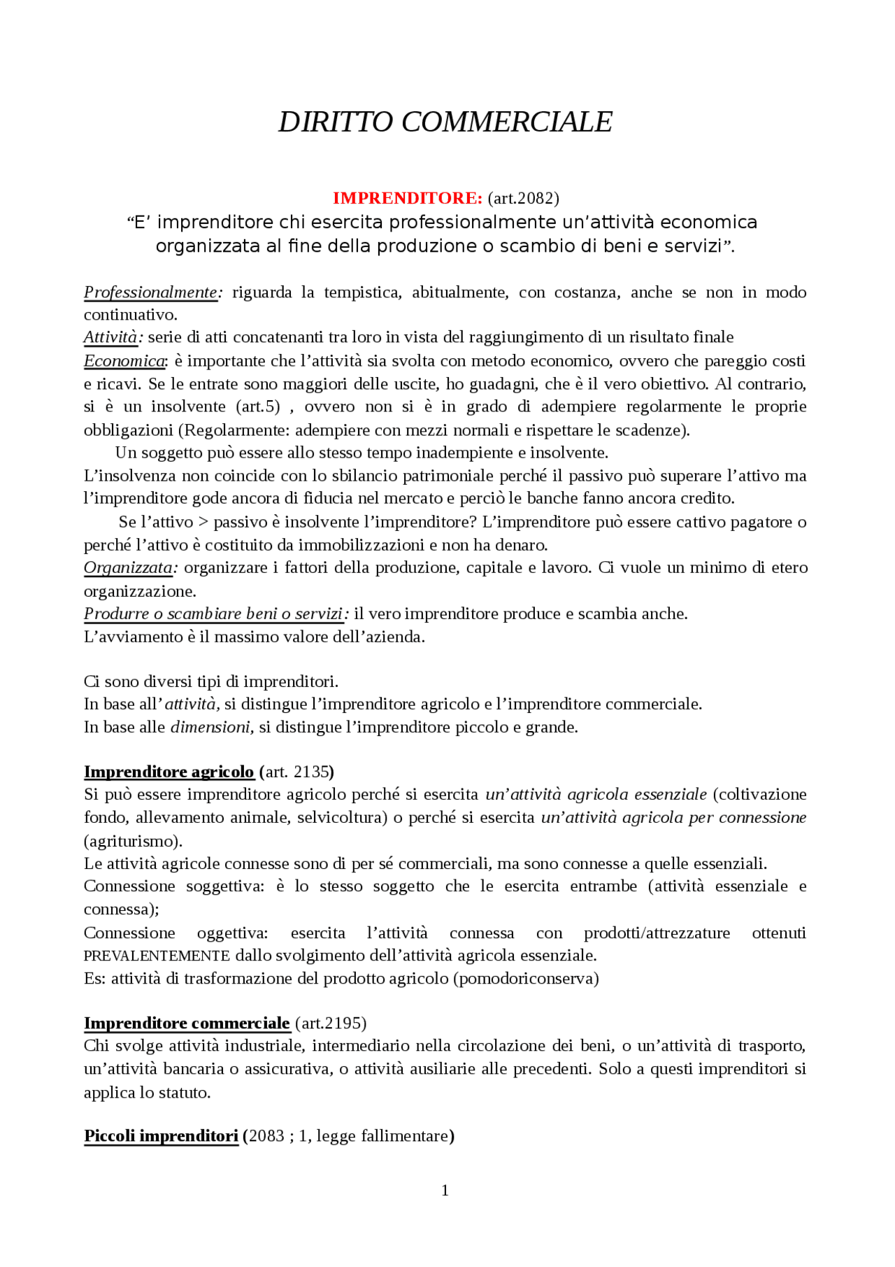 Riassunto Diritto Commerciale Docsity