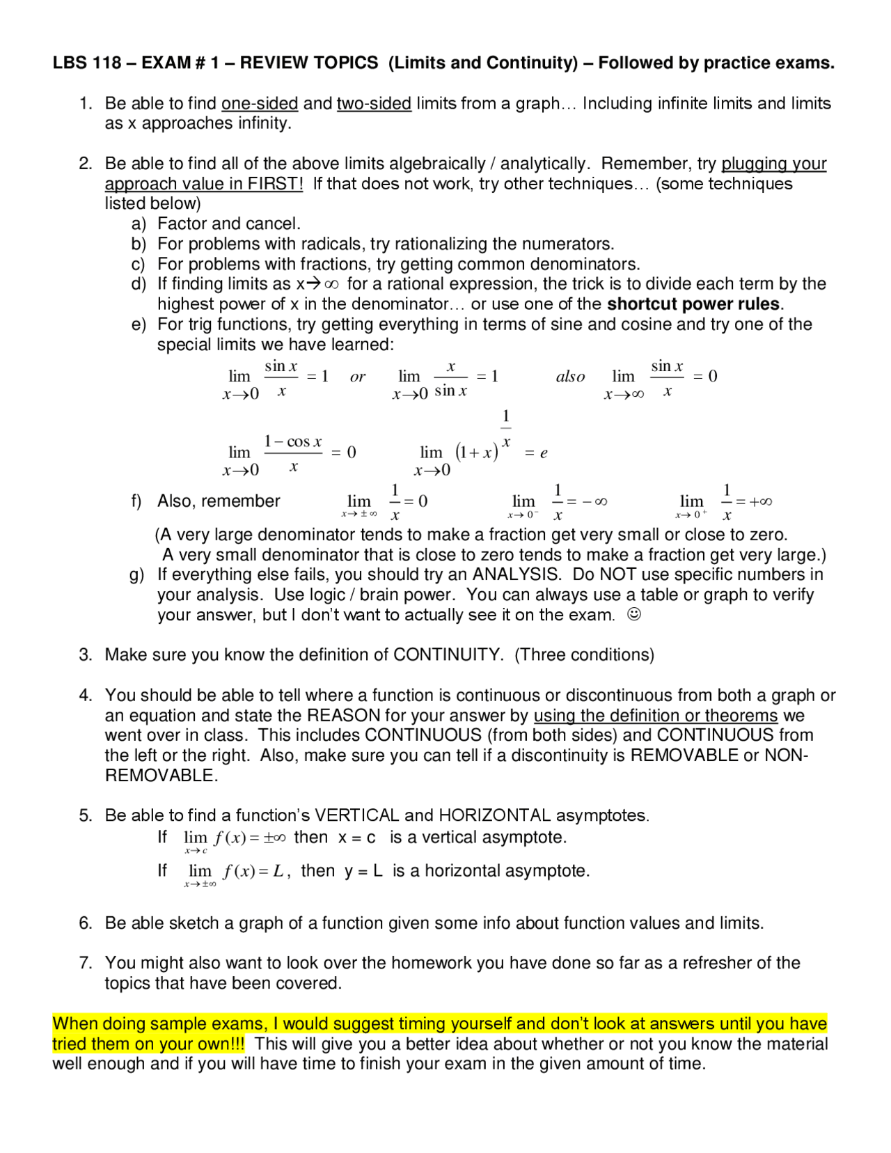 Exam 1 - Limits and Continuity - Calculus I | LB 118 - Docsity