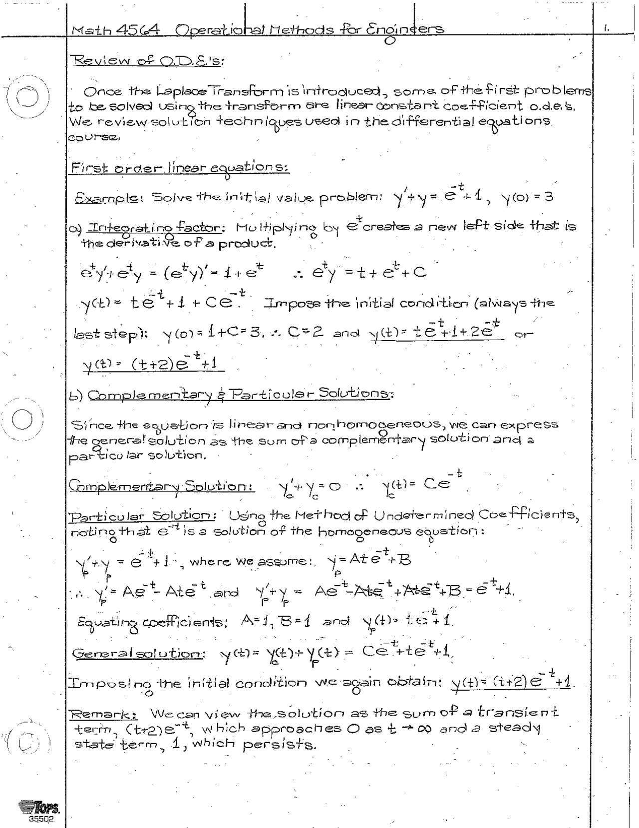 Operational Methods For Engineers Handout Notes Math 4564 Docsity