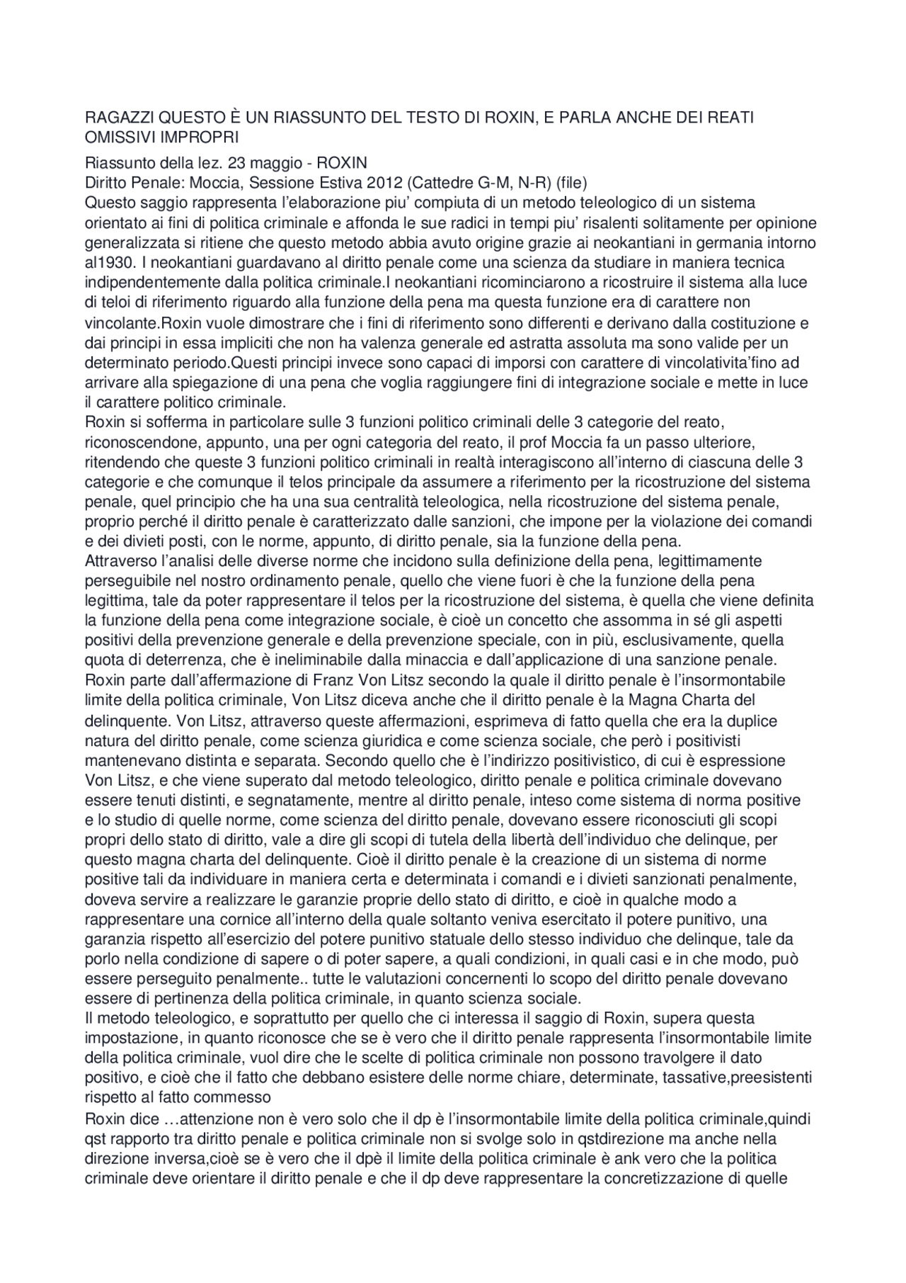 Ragazzi Questo È Un Riassunto Del Testo Di Roxin Docsity